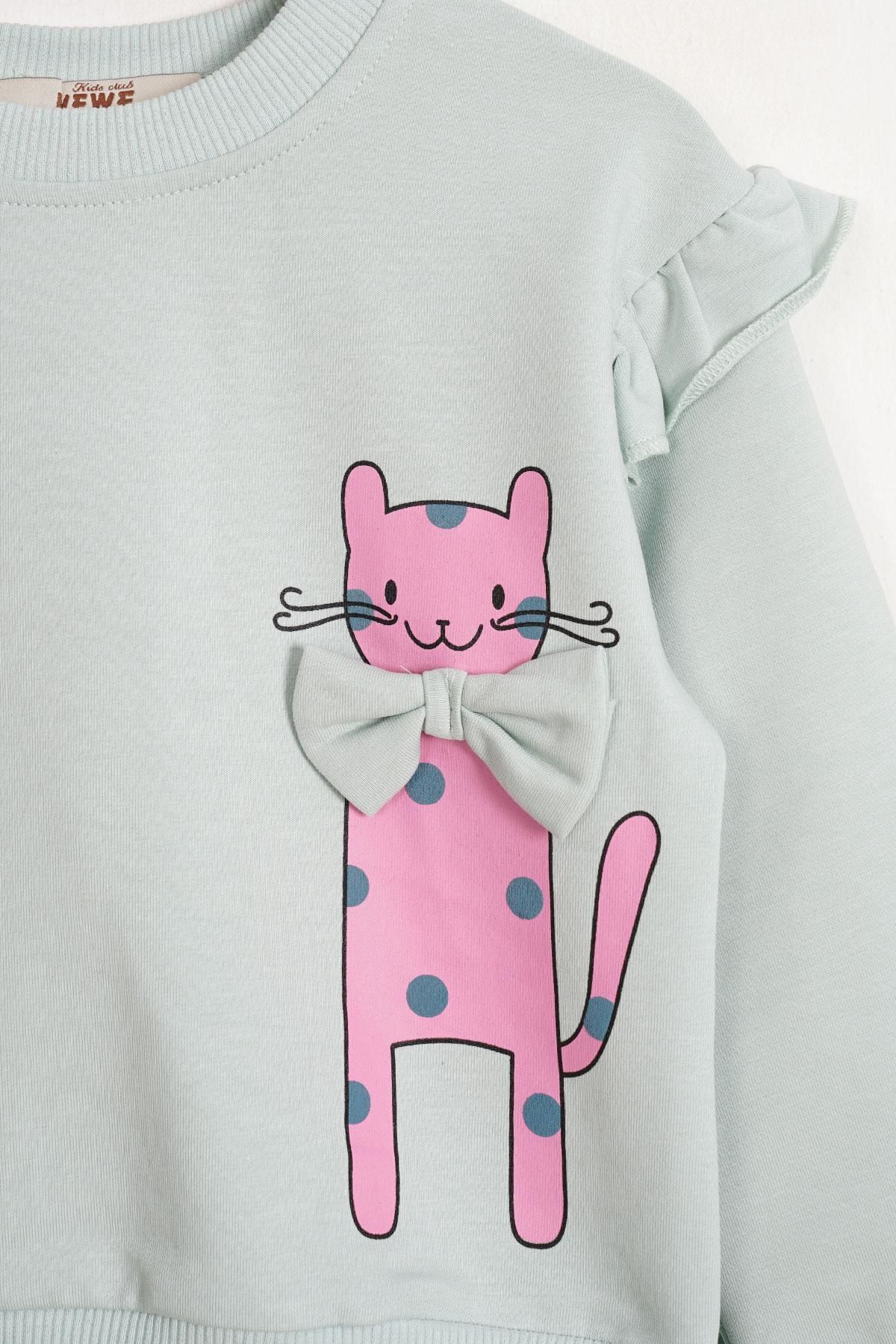 zepkids Crew Neck Long Sleeve Cat Printed Mint Color Girl's Tracksuit ...