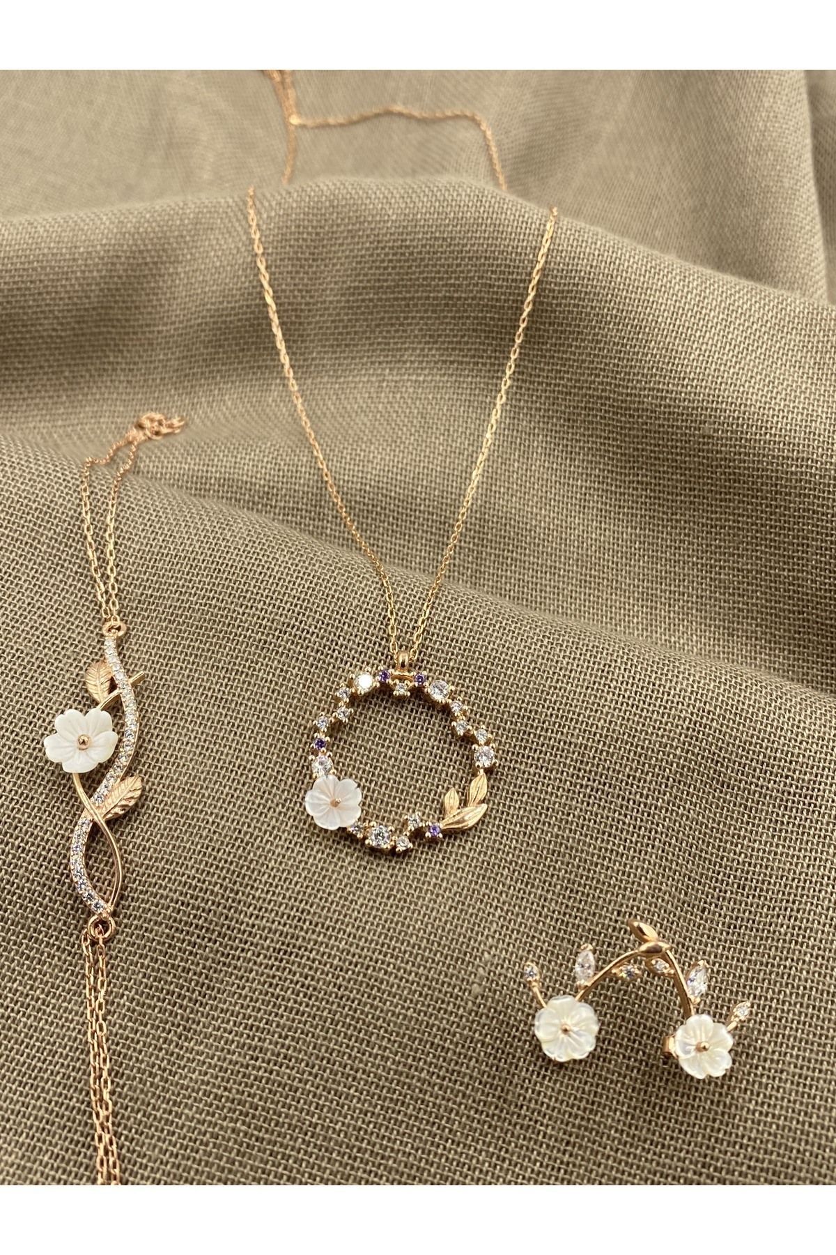 Inure Jewelry Silver Manolya Model 925 Ayar Rose Gümüş Set Kolye ...