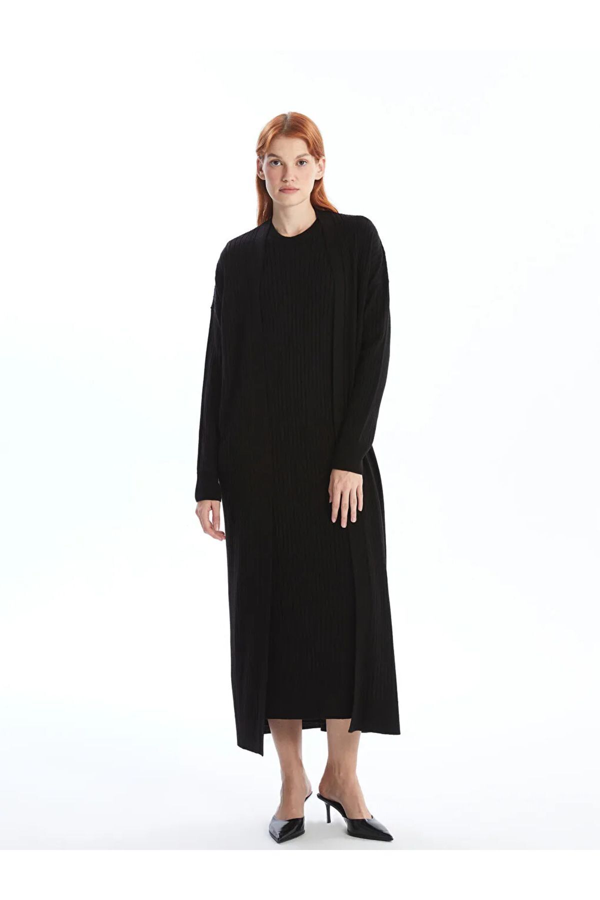 LC Waikiki LCW Modest Yeni Siyah Şal Yaka Düz Uzun Kollu Kadın Triko ...