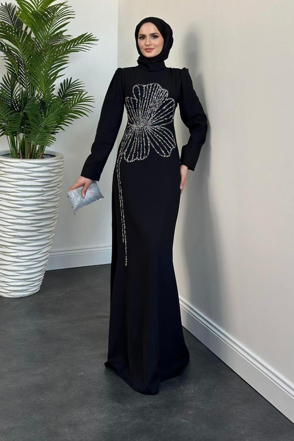 MERVEN AKYÜZ Nursema Taşlı Abiye Siyah Fiyatı, Yorumları - Trendyol