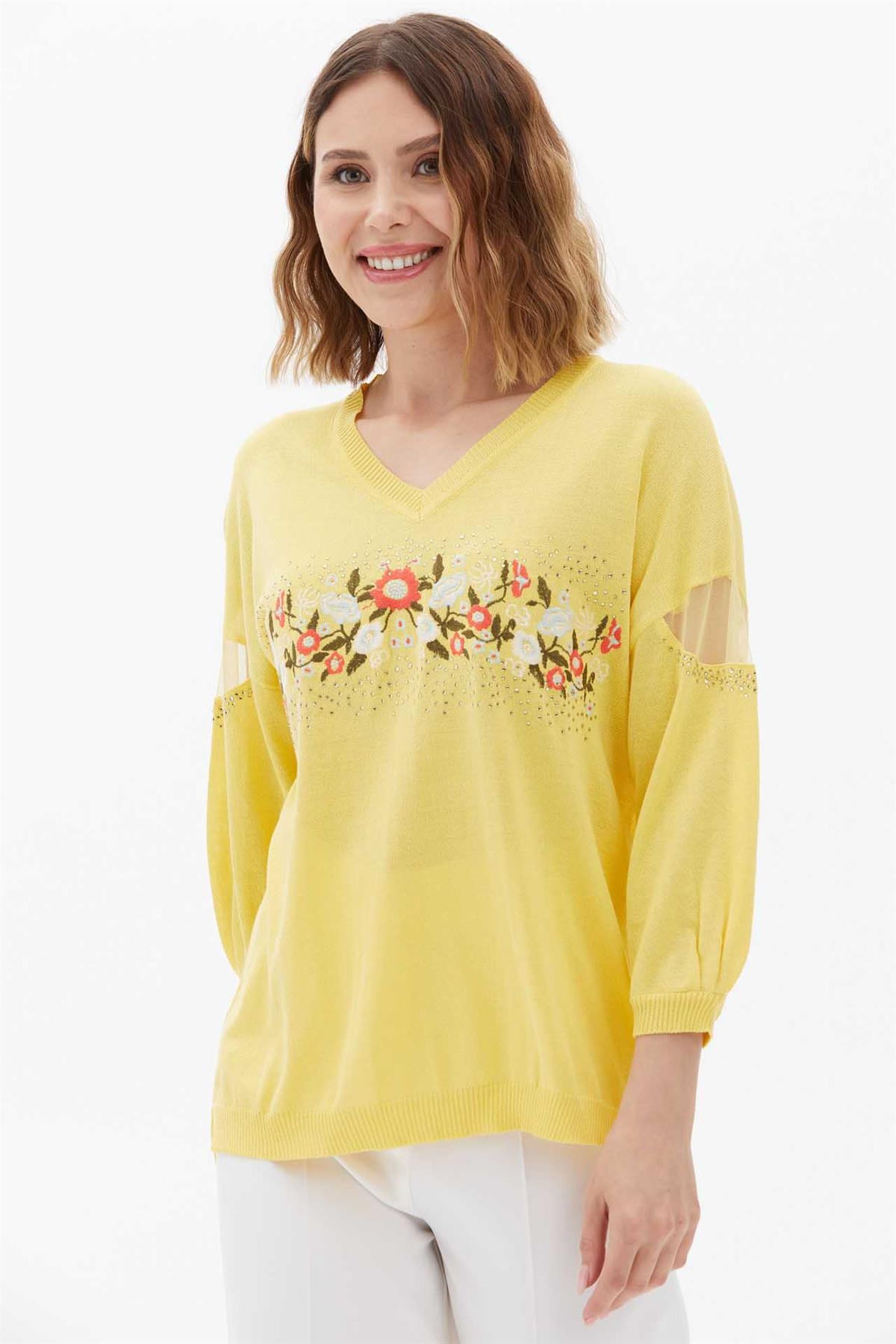 Two Mail Embroidery Detailed Knitwear YELLOW - Trendyol