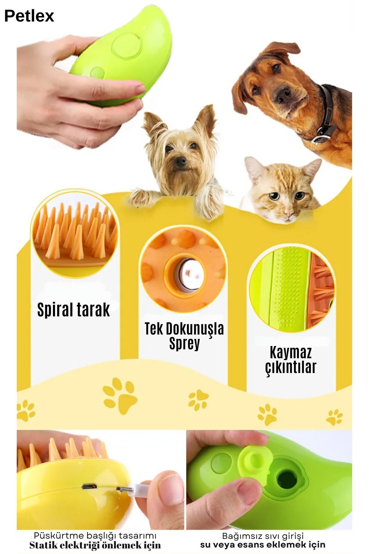 Petlex Buharlı Kedi & Köpek Temizleme Yıkama Masaj Tarağı Fırçası Tüy ...
