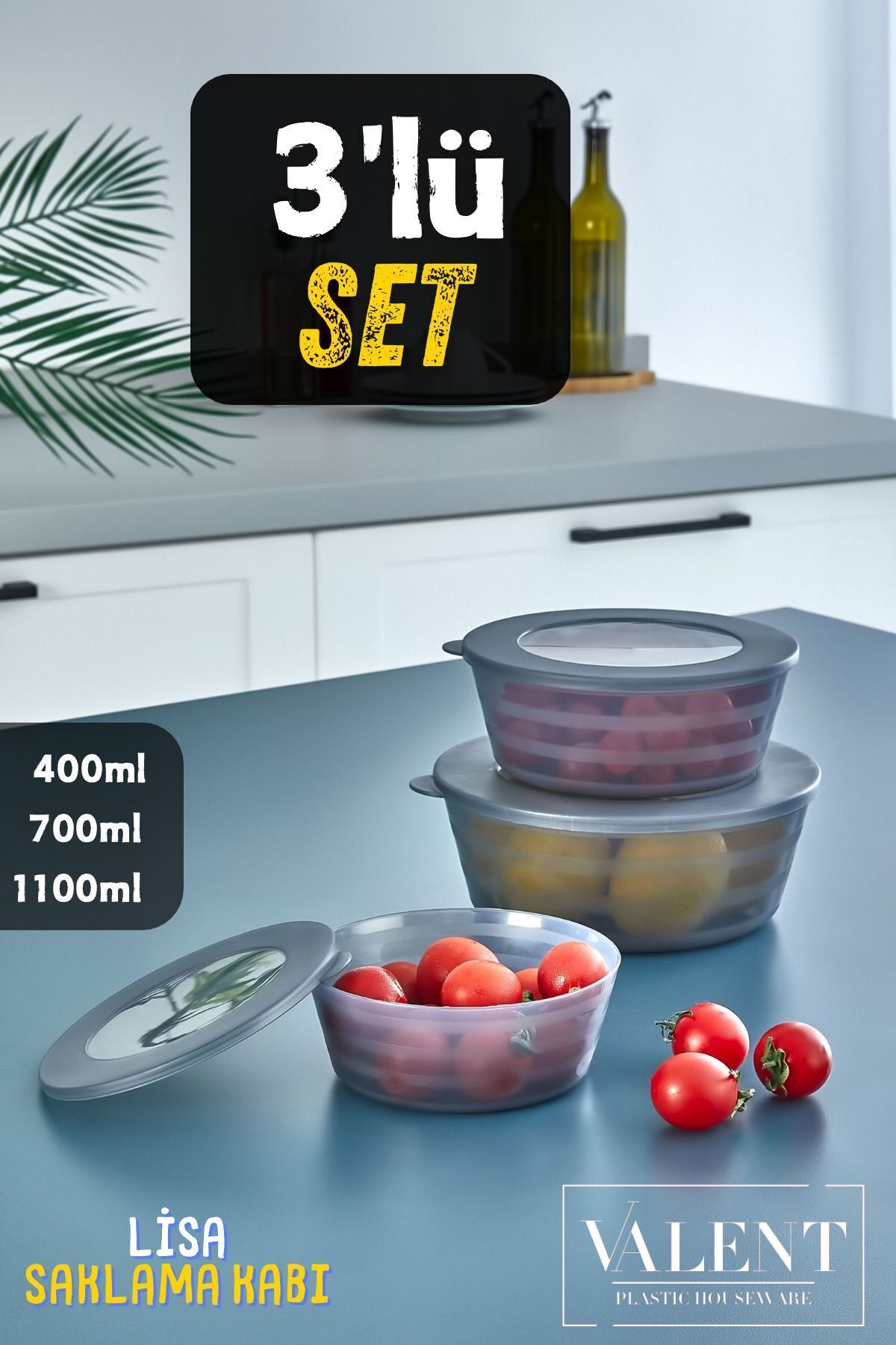 VALENT 3'lü Lisa Saklama Kabı Mikrodalga Difriz Kullanılabilen ...