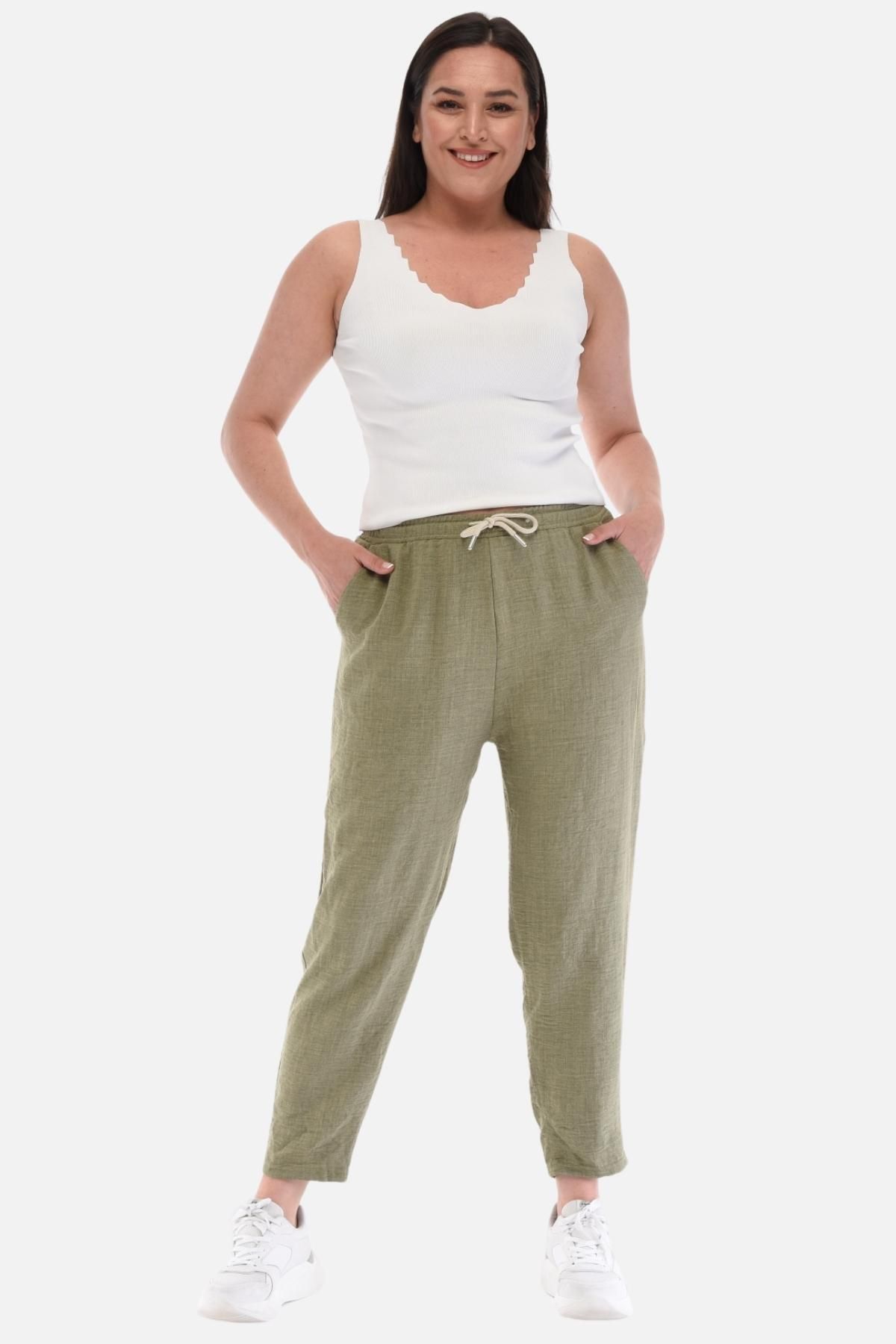 CEDY DENIM Kadın Yazlık Haki Sentetik Keten Görünümlü Yüksel Bel Dar ...