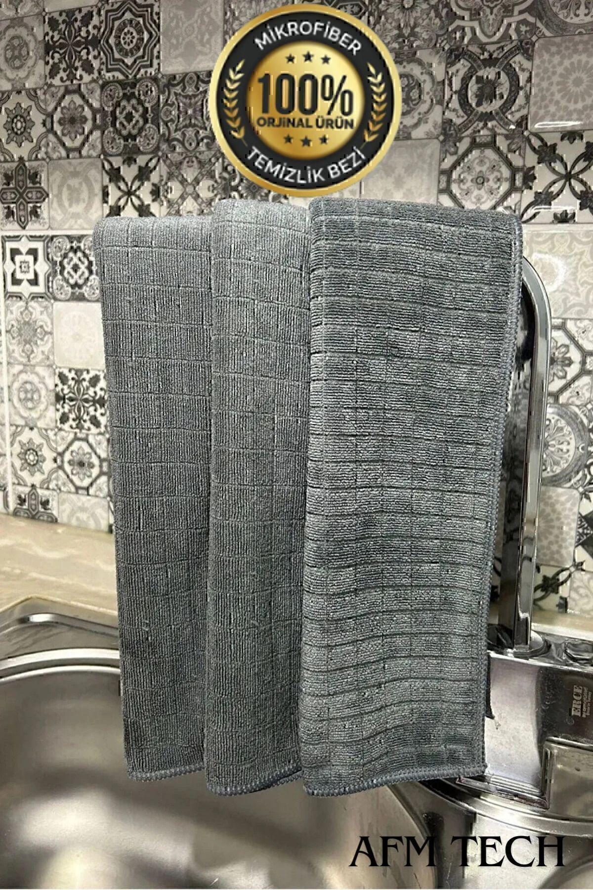 AFM tech ( 3 Adet ) Mikrofiber Kareli Mutfak , Cam Temizlik Bezi Gri 40*40 Cm Leke Tutmaz Koku ...