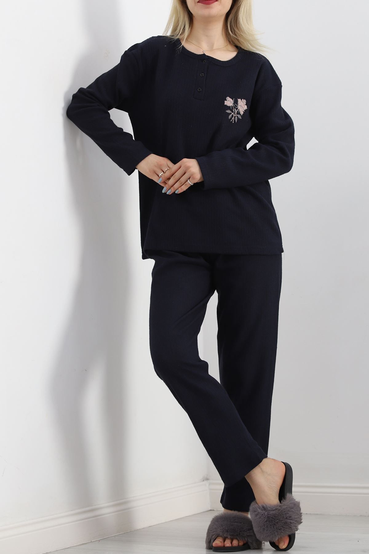 Edikli Store Navy Blue Embroidered Buttoned Interlock Set 19182 1050 ...