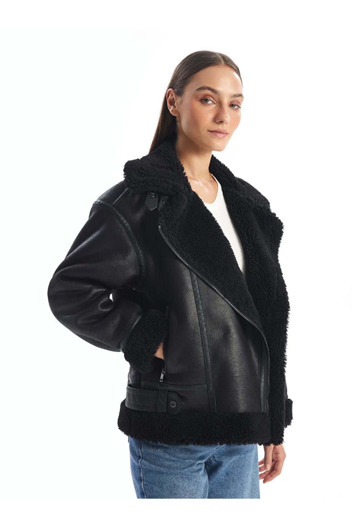 LC Waikiki LCW Vision Yeni Siyah Biker Yaka Düz Oversize Kadın Deri ...