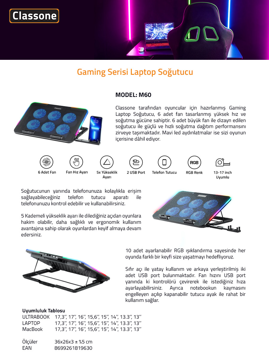 Classone Gaming M60 Laptop Soğutucu - Fiyatı, Yorumları