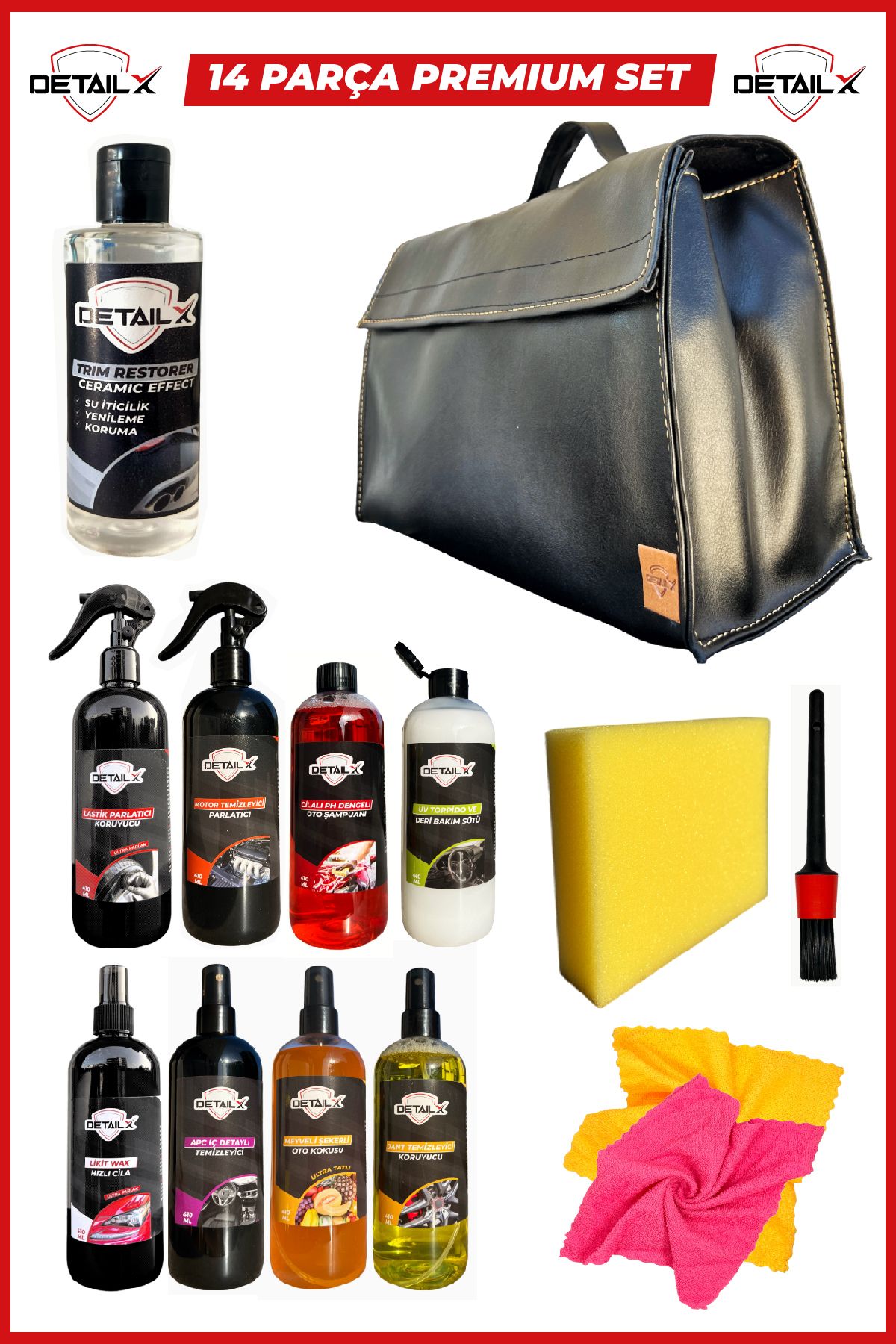 DetailX 14 Parça Premium Lüks Deri Çantalı Plastik Yenileyicili Oto ...