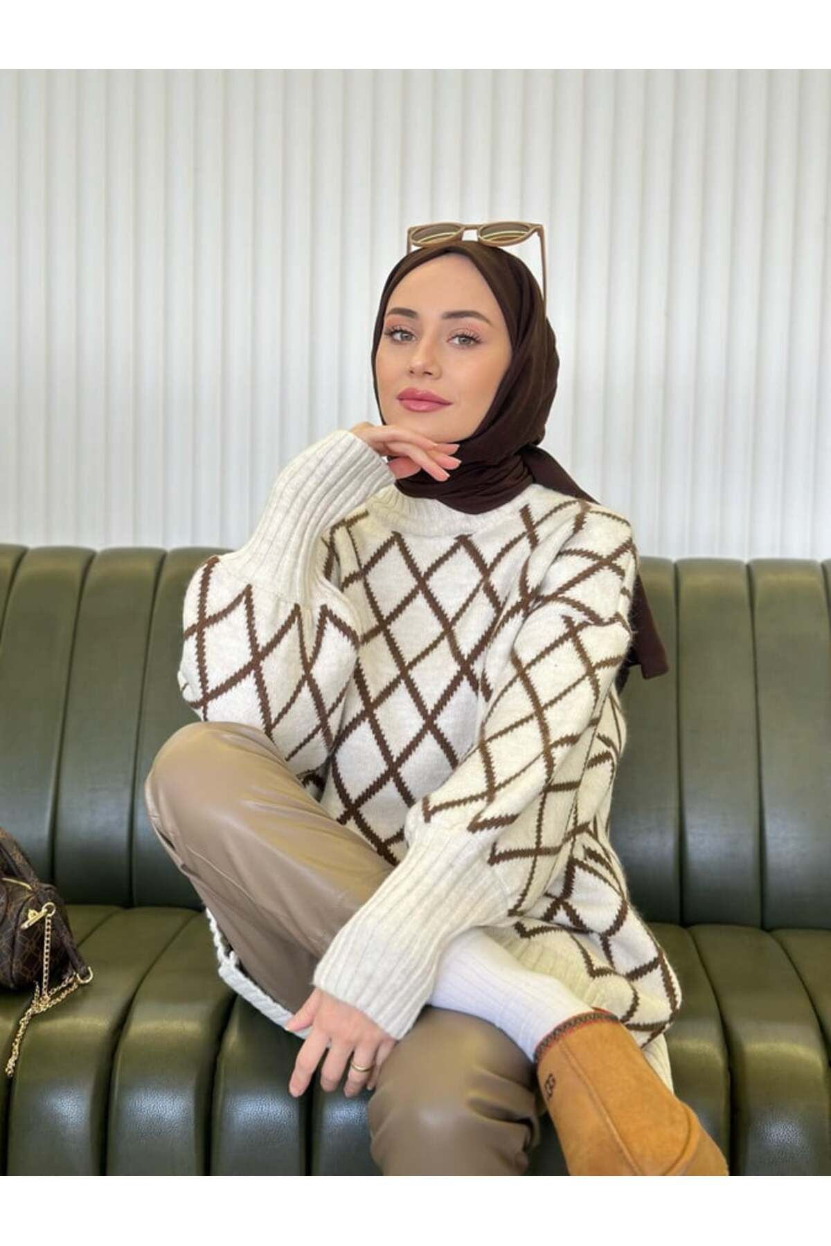 SHARON MODA Kadın Baklava Desen Sakallı Triko Tunik Kazak Fiyatı ...