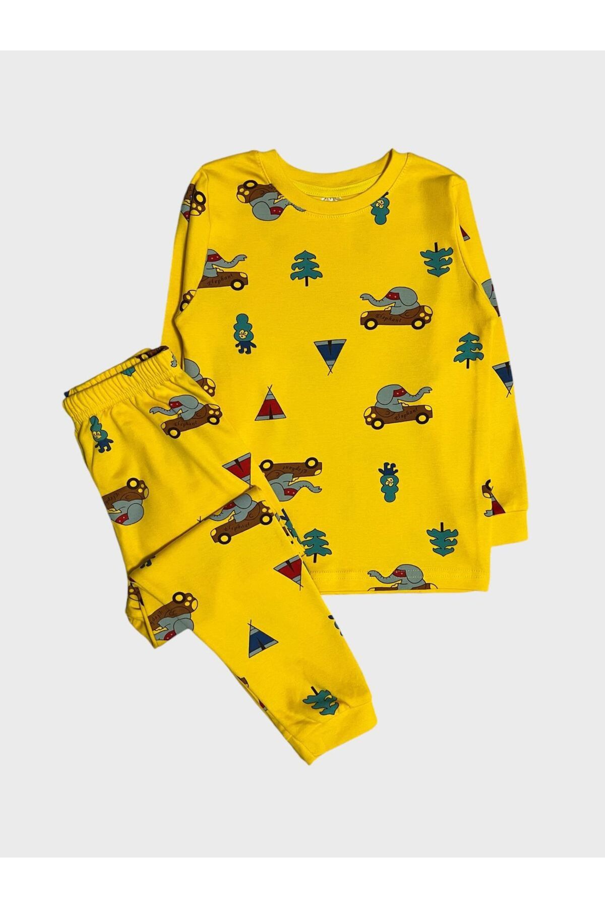 elmas kids Erkek Çocuk %100 Pamuklu Sarı Fil Araba Ağaç Desenli Uzun ...