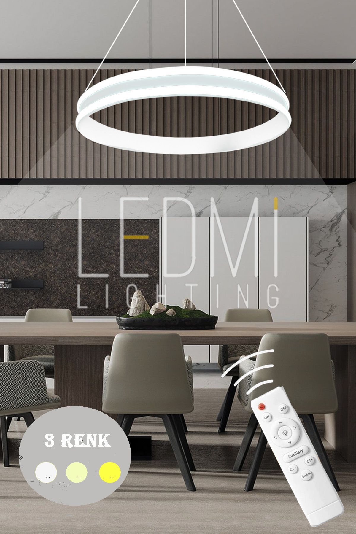 Ledmi Lighting Çiftli Led Model 50cm Yuvarlak Beyaz Led Avize, 3 Renk ...