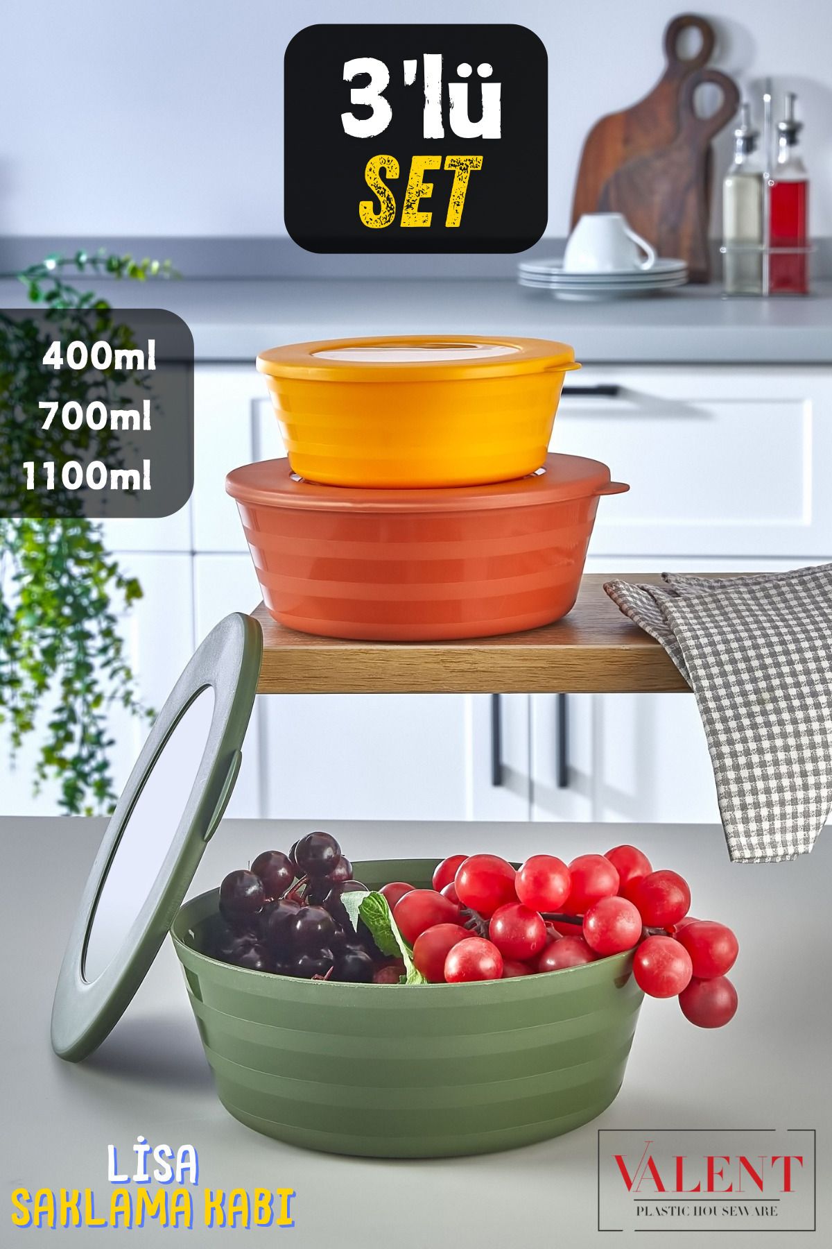 VALENT 3'lü Lisa Saklama Kabı Mikrodalga Difriz Kullanılabilen ...
