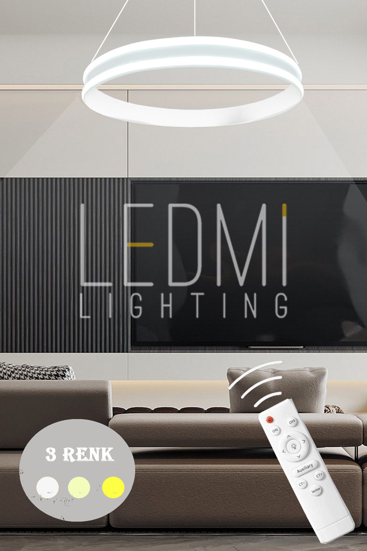 Ledmi Lighting Çiftli Led Model 50cm Yuvarlak Beyaz Led Avize, 3 Renk ...