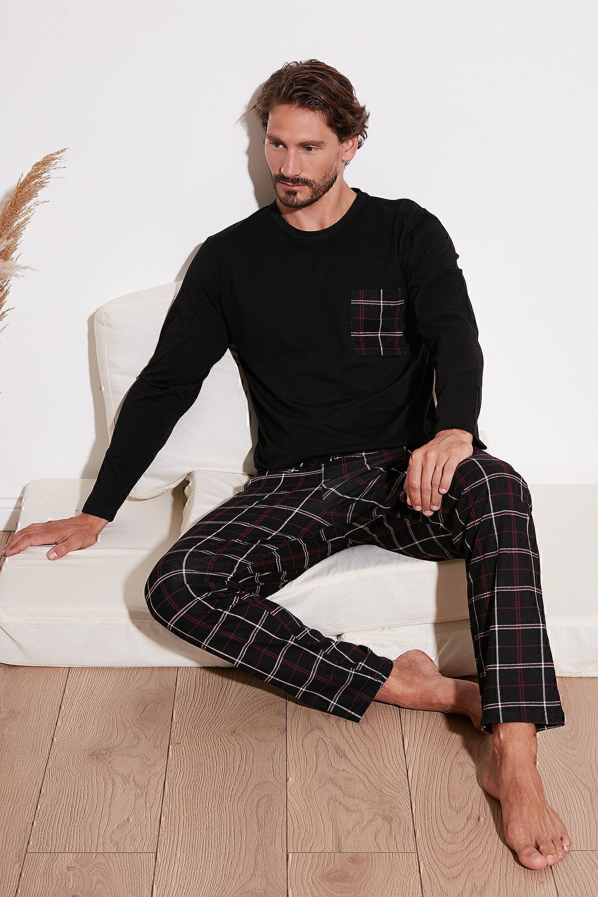 Ekoseli Cepli Beli Lastikli % 100 Pamuk Regular Fit Pijama Takımı Erkek ...