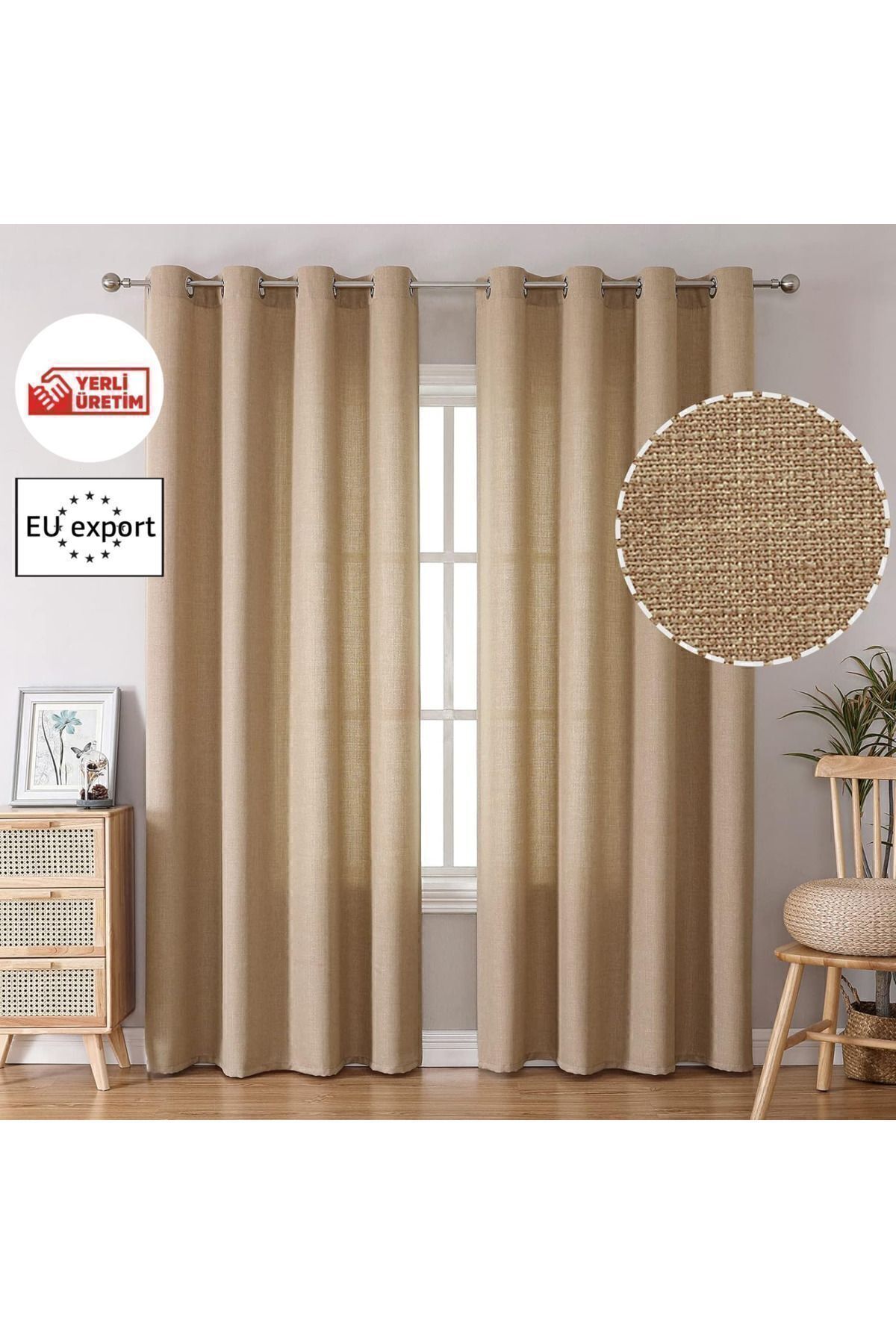 Pyramid Home Kapuçino Rengi Naturel Keten Rustik Fon Perde Kuşgözü 1 ...