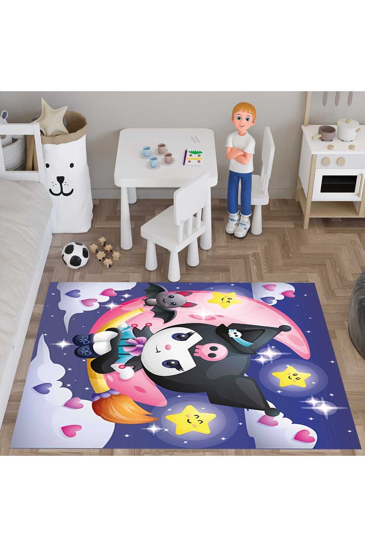 Evan Home kuromi Mor Desenli Dijital Baskı Yıkanabilir Kaymaz Taban ...