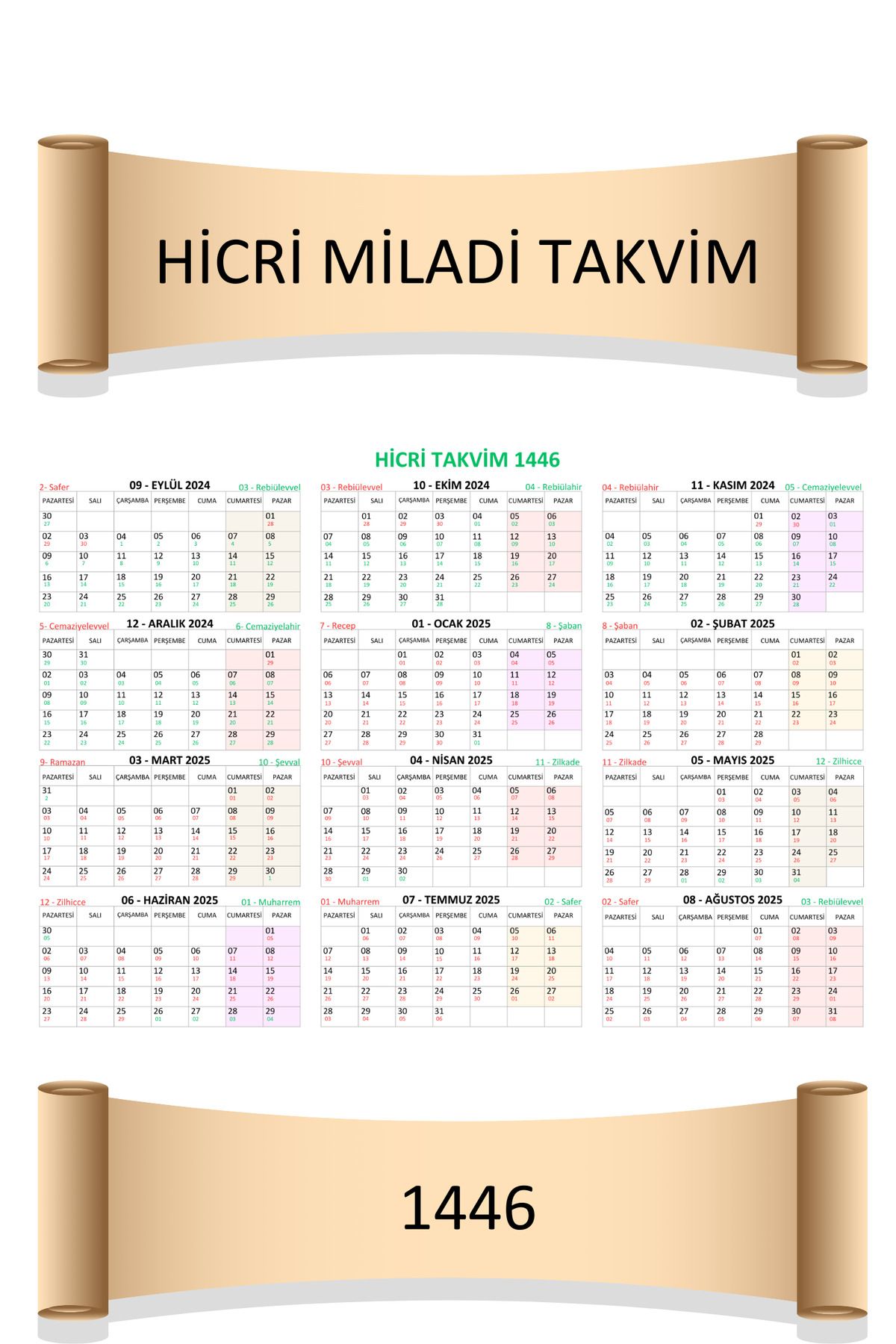 GÜL MZC Hicri Miladi Takvim 1446, Dev Boy Duvar Takvimi - Fiyatı, Yorumları
