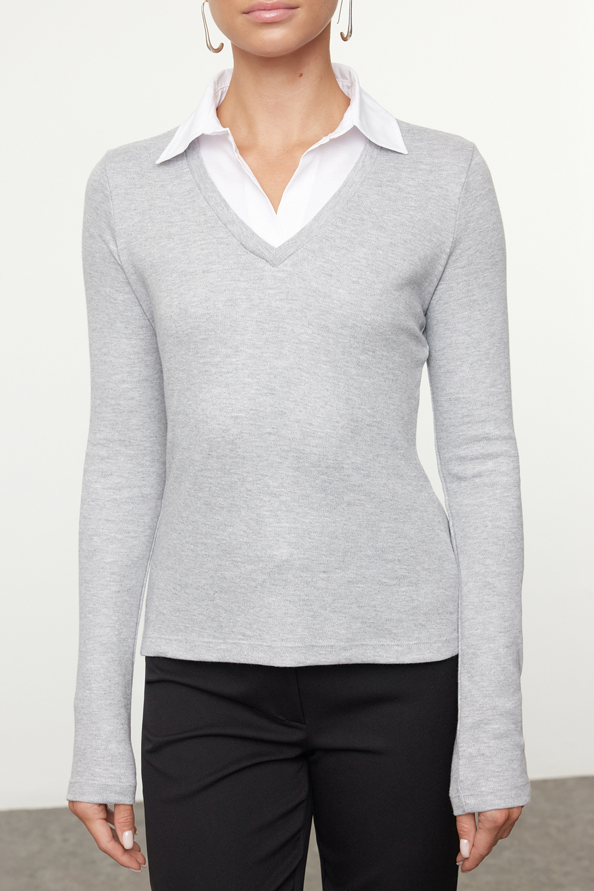 Trendyol Collection Gray Melange Woven Detailed Shirt Collar Regular ...