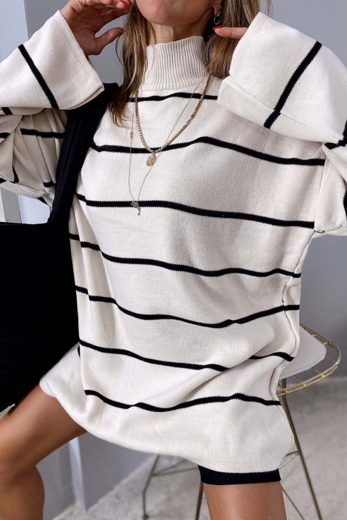 KNİTİCAL TEKSTİL Women's Black High Collar Oversize Model Sweater Tunic ...