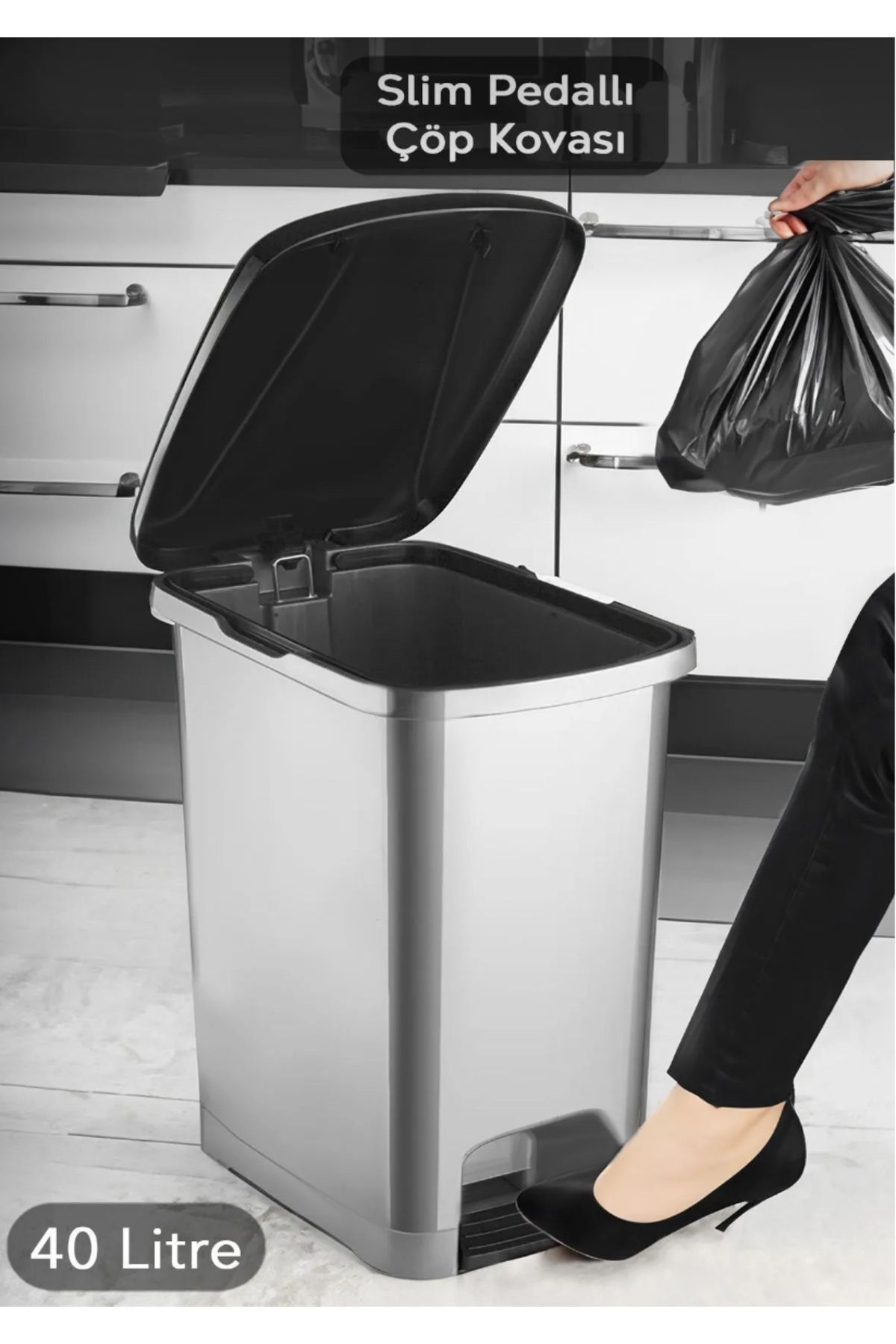 MCK Plus MCK Pedallı 40 Litre Gri Banyo Mutfak Çöp Kovası Çöp Kutusu ...