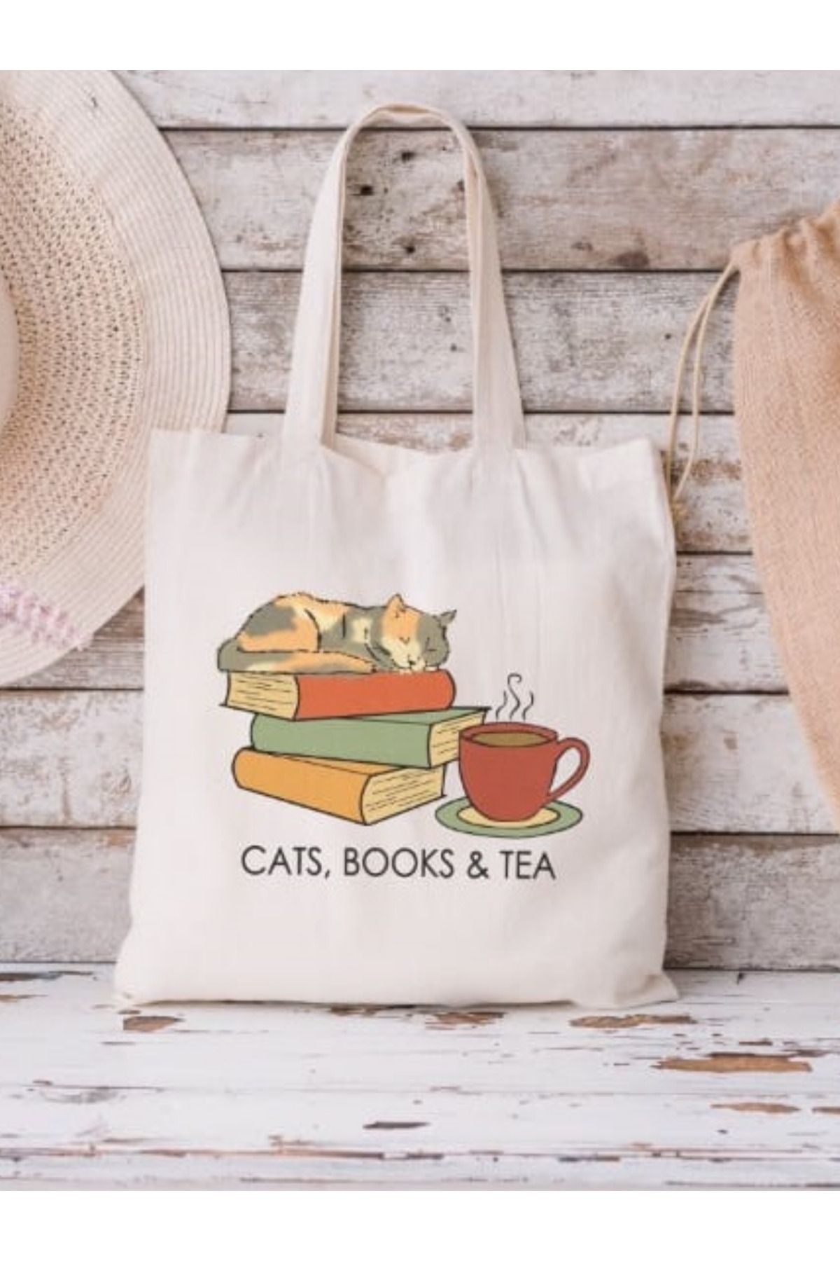 Cemira Cats, books and Tea Tasarım Ham Bez Tote Bag ÇantaFiyatı ...