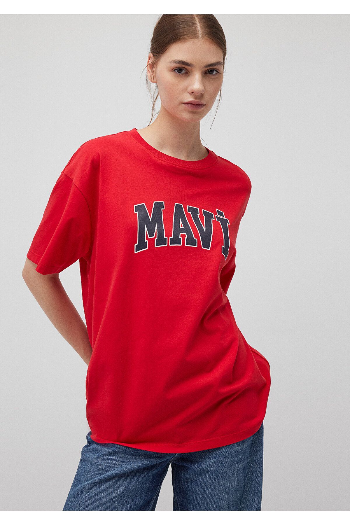 Mavi Logo Baskılı Kırmızı Tişört Oversize / Geniş Kesim 1600843-82054 ...