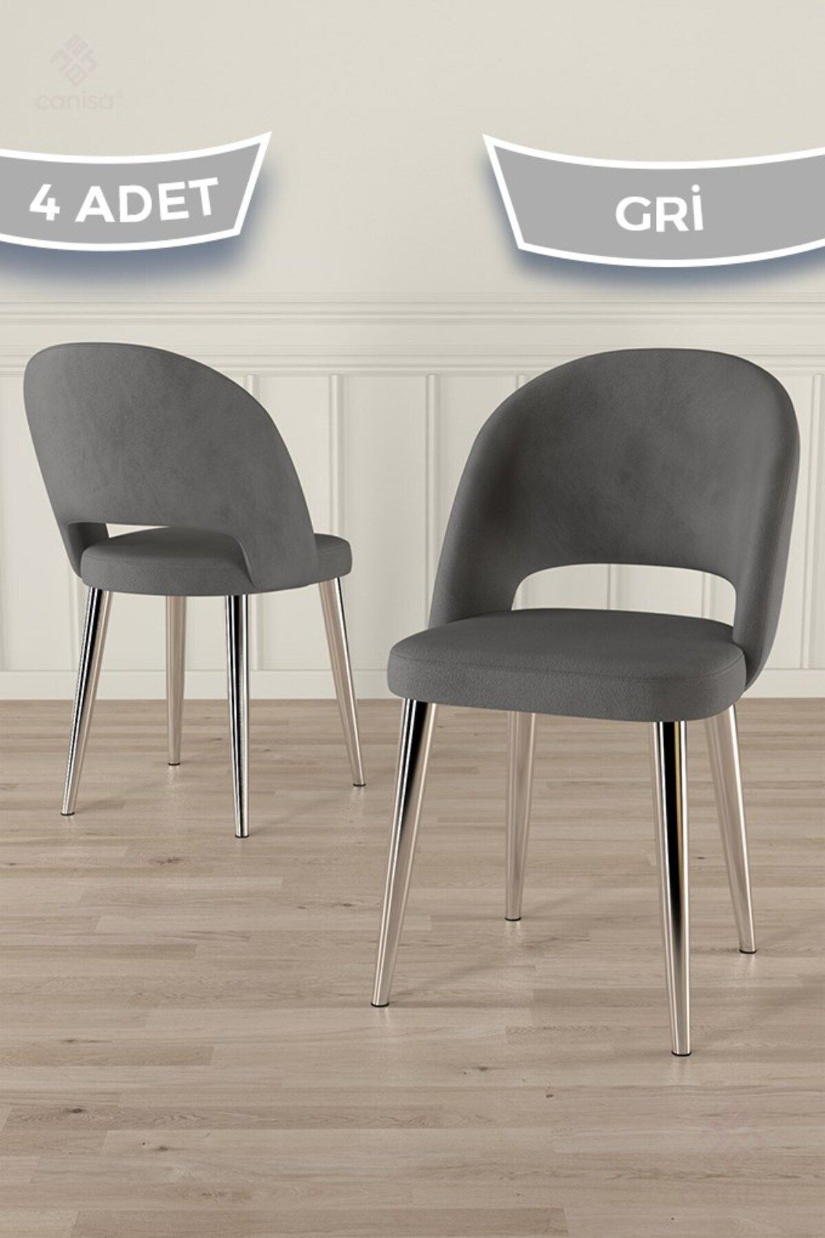 Canisa Pane Serisi 4 Adet Gri Mutfak Sandalyesi Krom Kaplama Metal Ayak ...