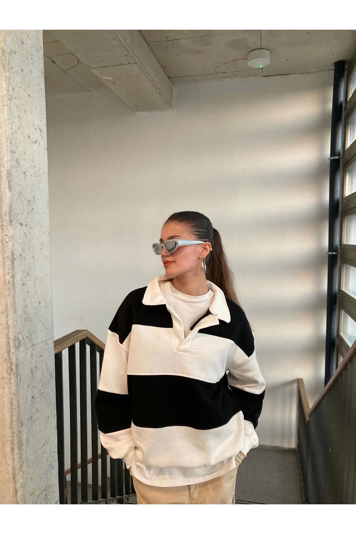 weywot Siyah Beyaz Çizgili Oversize Kalın Oversize Sweatshirt Fiyatı ...