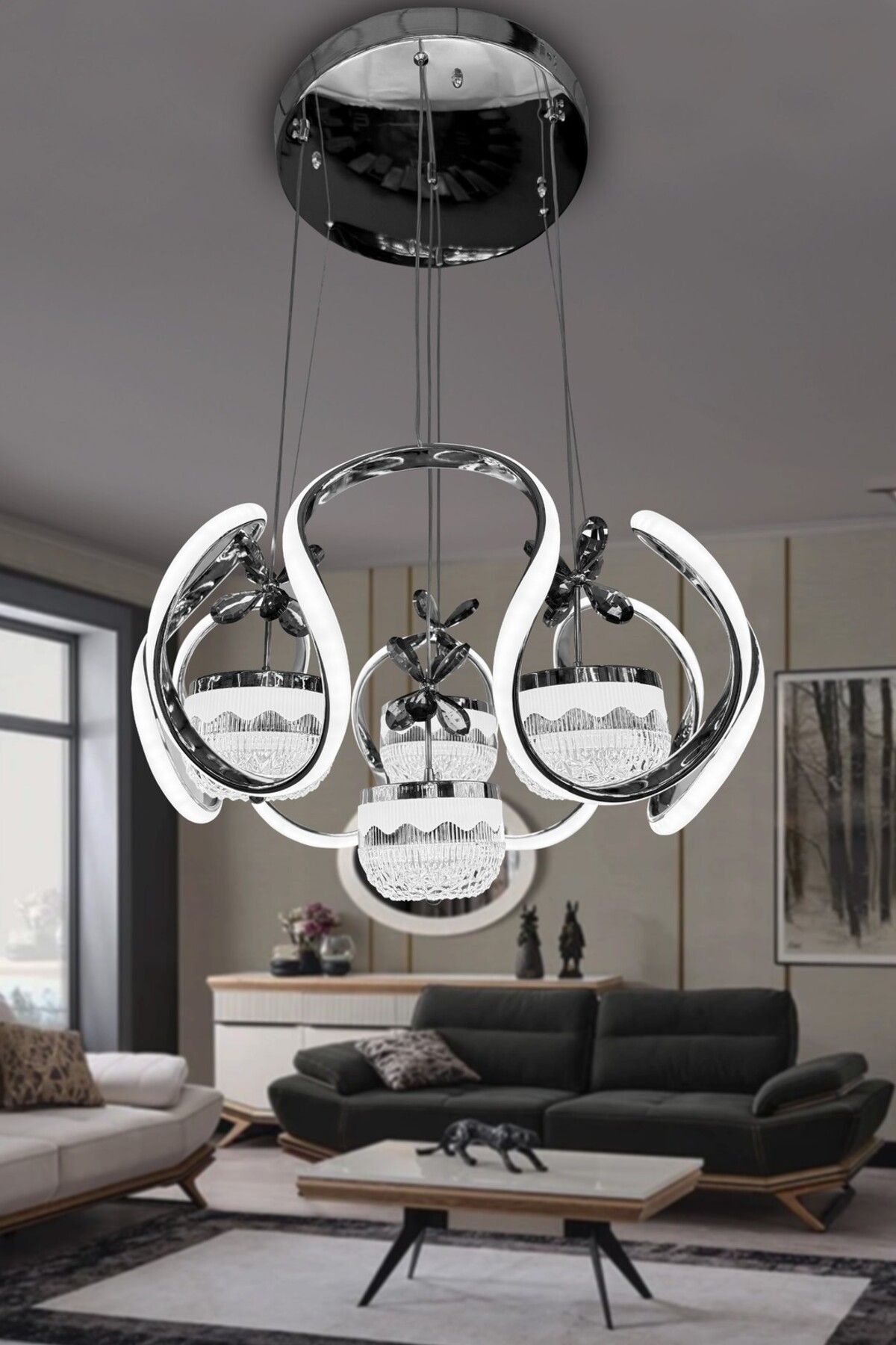 RSCOLLECTIONS Modern Taç 4 Toplu 3 Renk Kumandalı Led Avize (gece ...