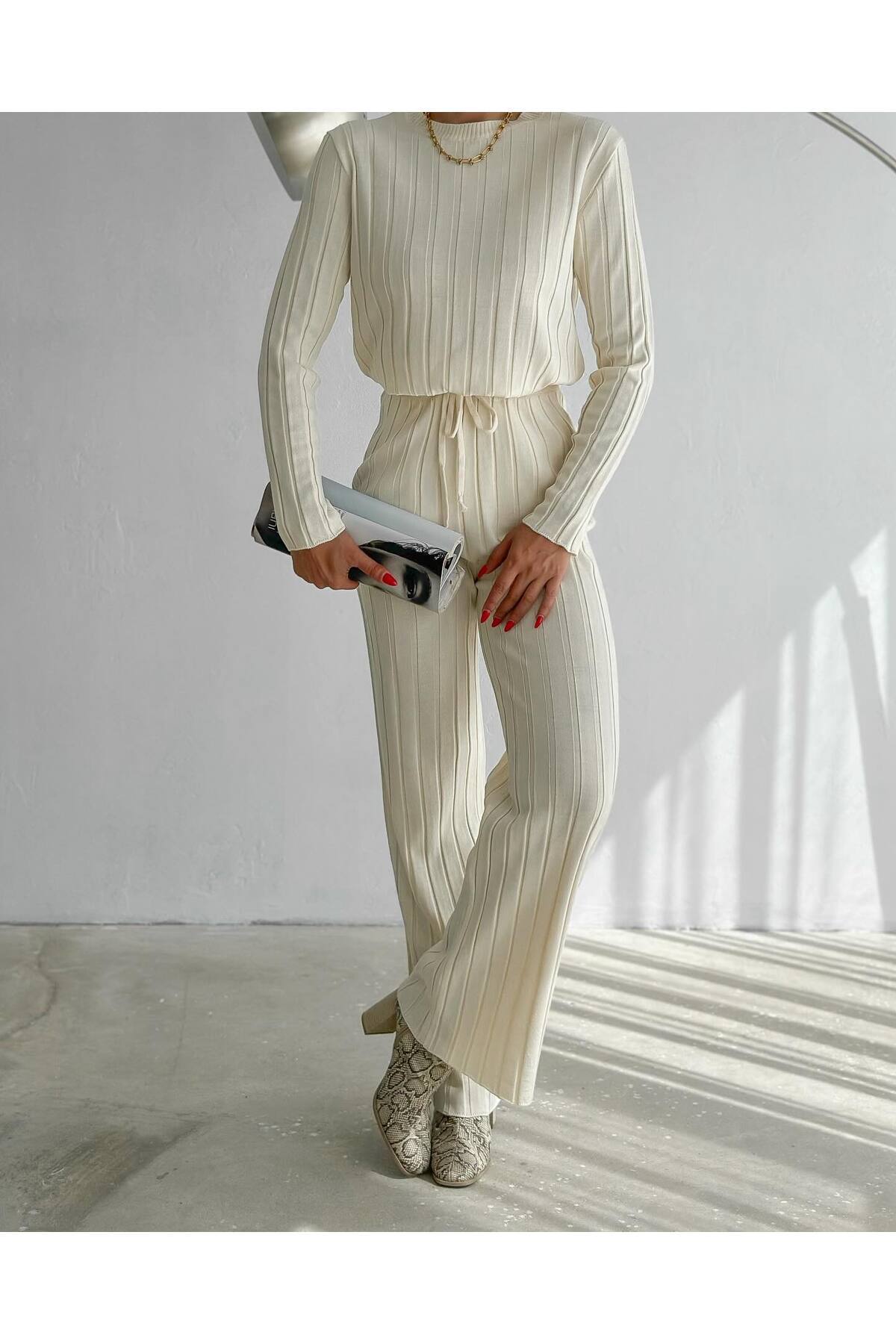 cottonage Krem Yarım Balıkçı Örgü Kazak Pantolon Fitilli Alt-Üst Takım ...