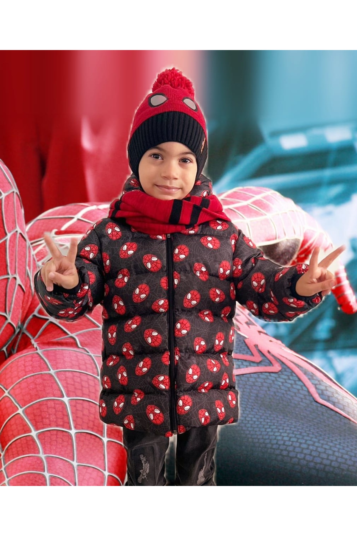 ROBA KIDS Erkek Çocuk Iç Polarlı Kapüşonlu Örümcek Adam Desenli Kışlık ...