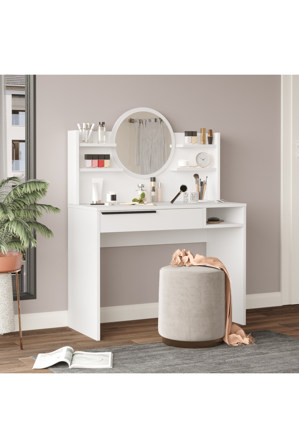 Yurudesign Ocean Makyaj Masası Aynalı Raflı Çekmeceli Beyaz On28-w ...