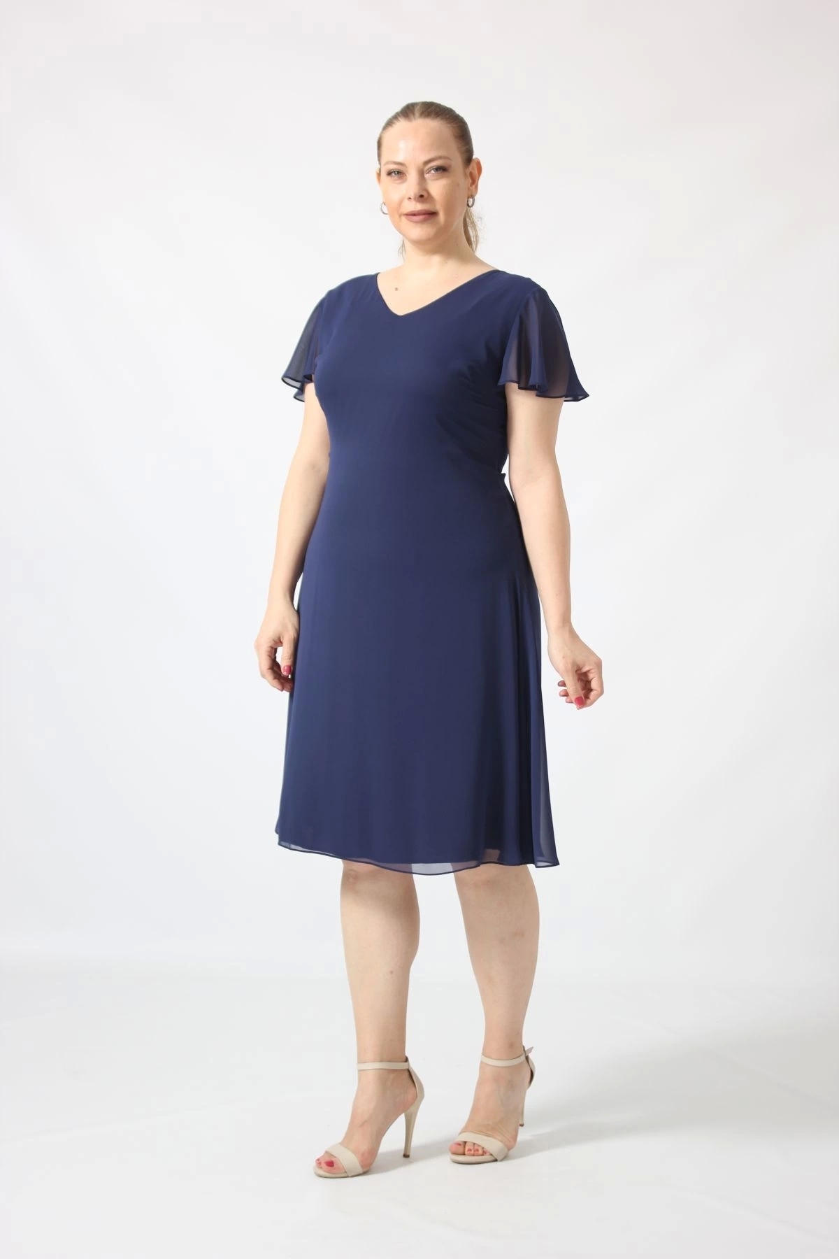 Moda Berray 3297 Lacivert Kolu Fırfırlı Bele Oturan Astarlı Şifon ...