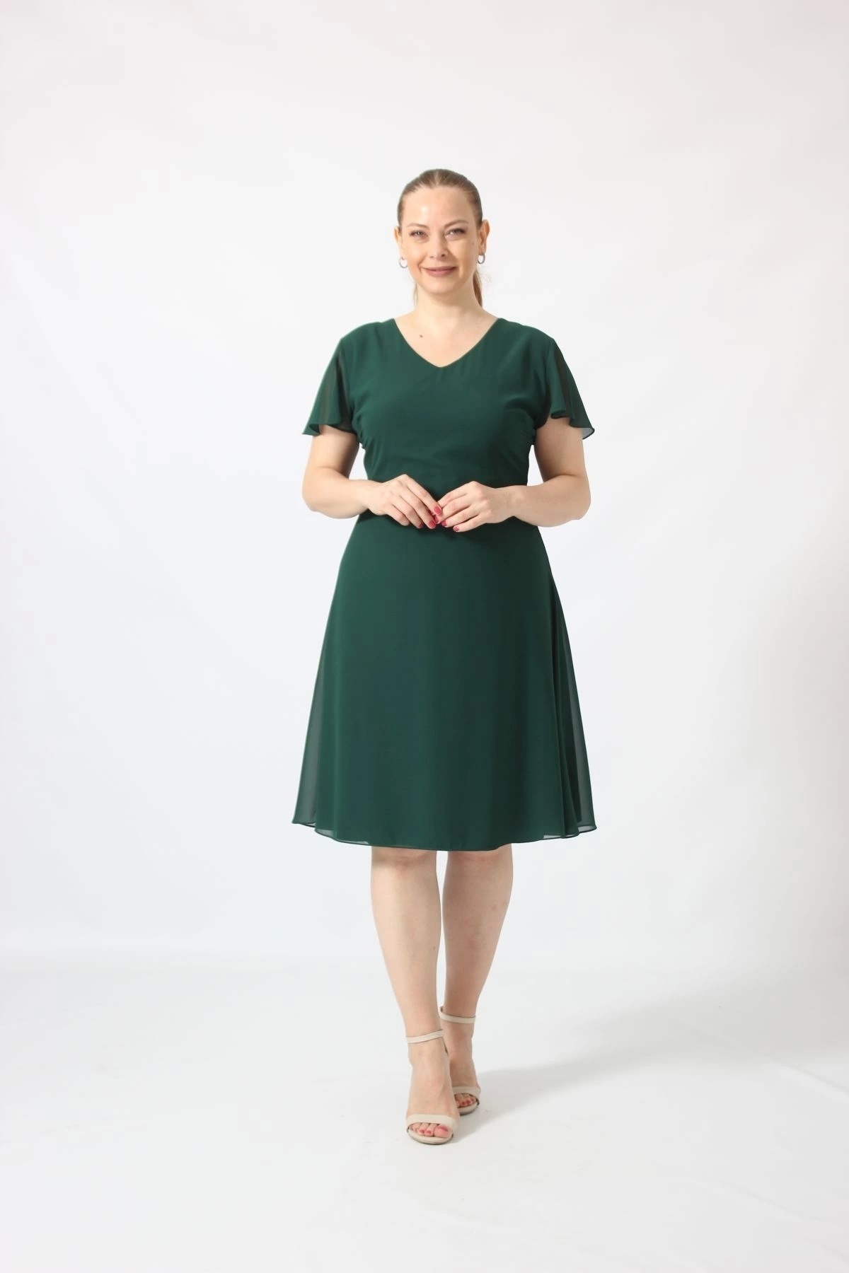Moda Berray 3297 Yeşil Kolu Fırfırlı Bele Oturan Astarlı Şifon Elbise ...