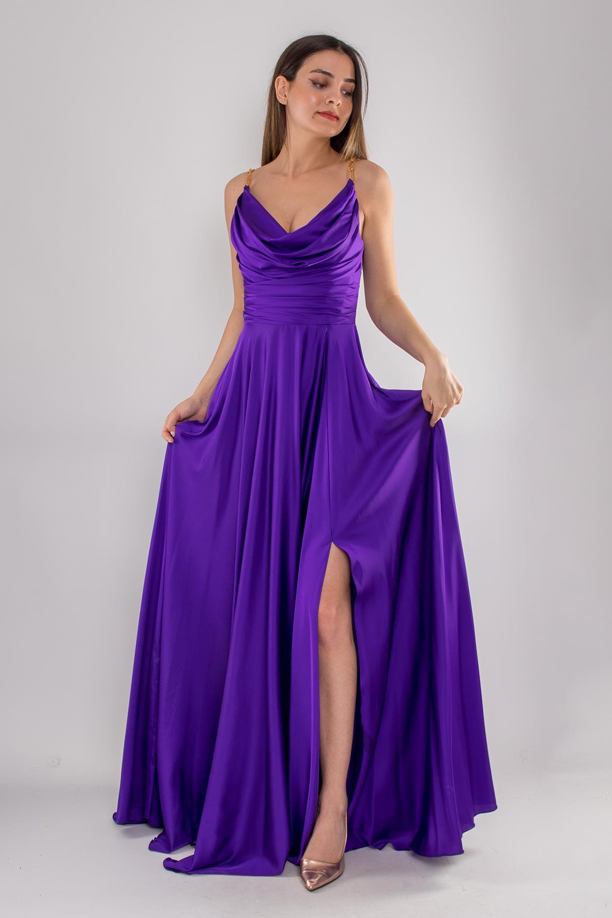 DORİDORCA 5022 Bel Drape Şal Yaka Saten Kloş Uzun Elbise - Fiyatı ...
