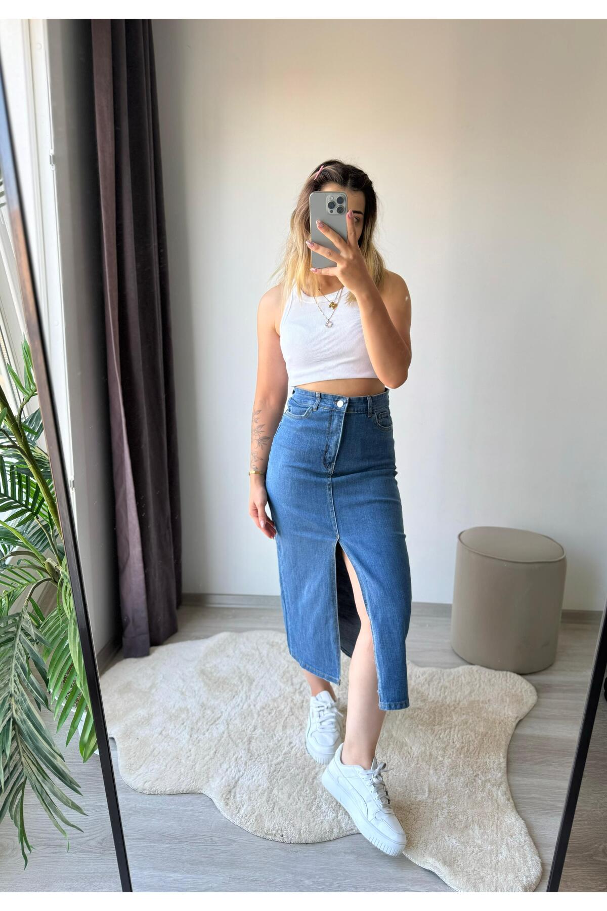 dossy dossy Yırtmaç Detay Yüksek Bel Midi Boy Likralı Kadın Denim Kot ...