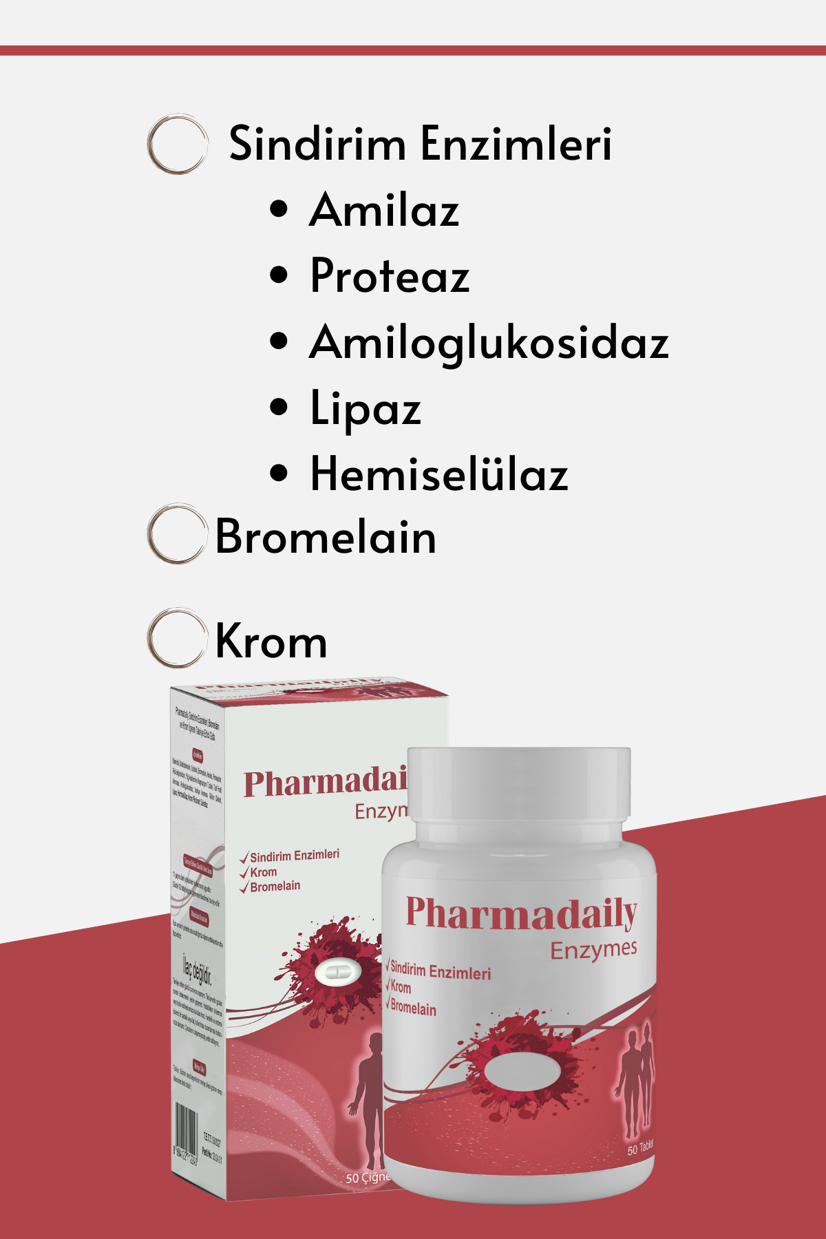 Pharmadaily Enzymes 50 Tablet Sindirim Enzimleri, Bromelain ve Krom ...