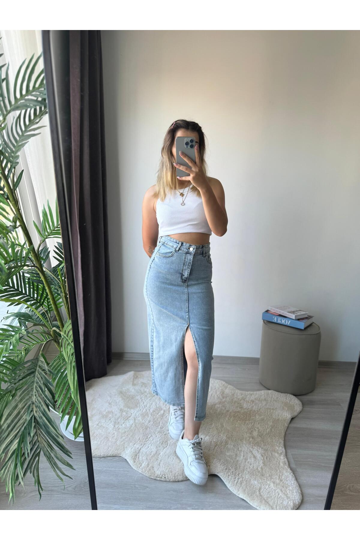 dossy dossy Yırtmaç Detay Yüksek Bel Midi Boy Likralı Kadın Denim Kot ...