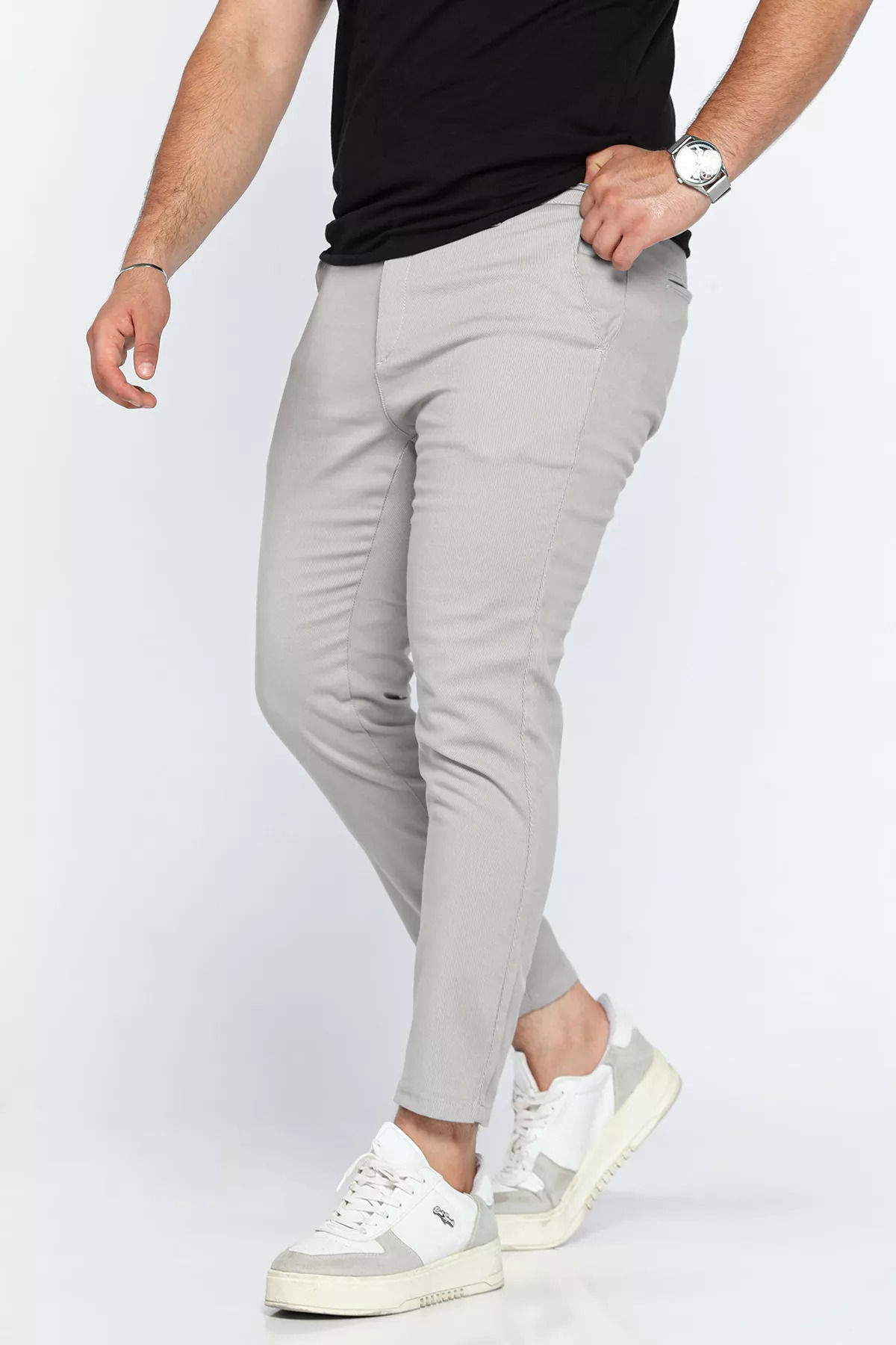 MİSHAR İTALİA Gri Bel Lastikli Kendinden Desenli Gabardin Pantolon ...