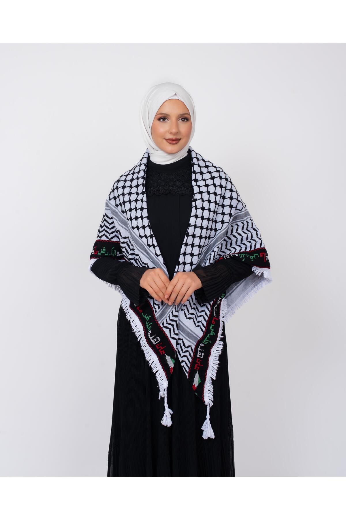 Zaytoon Siyah Kareli Filistin Arapça Atasözlü Kefiye Püsküllü Filistin ...