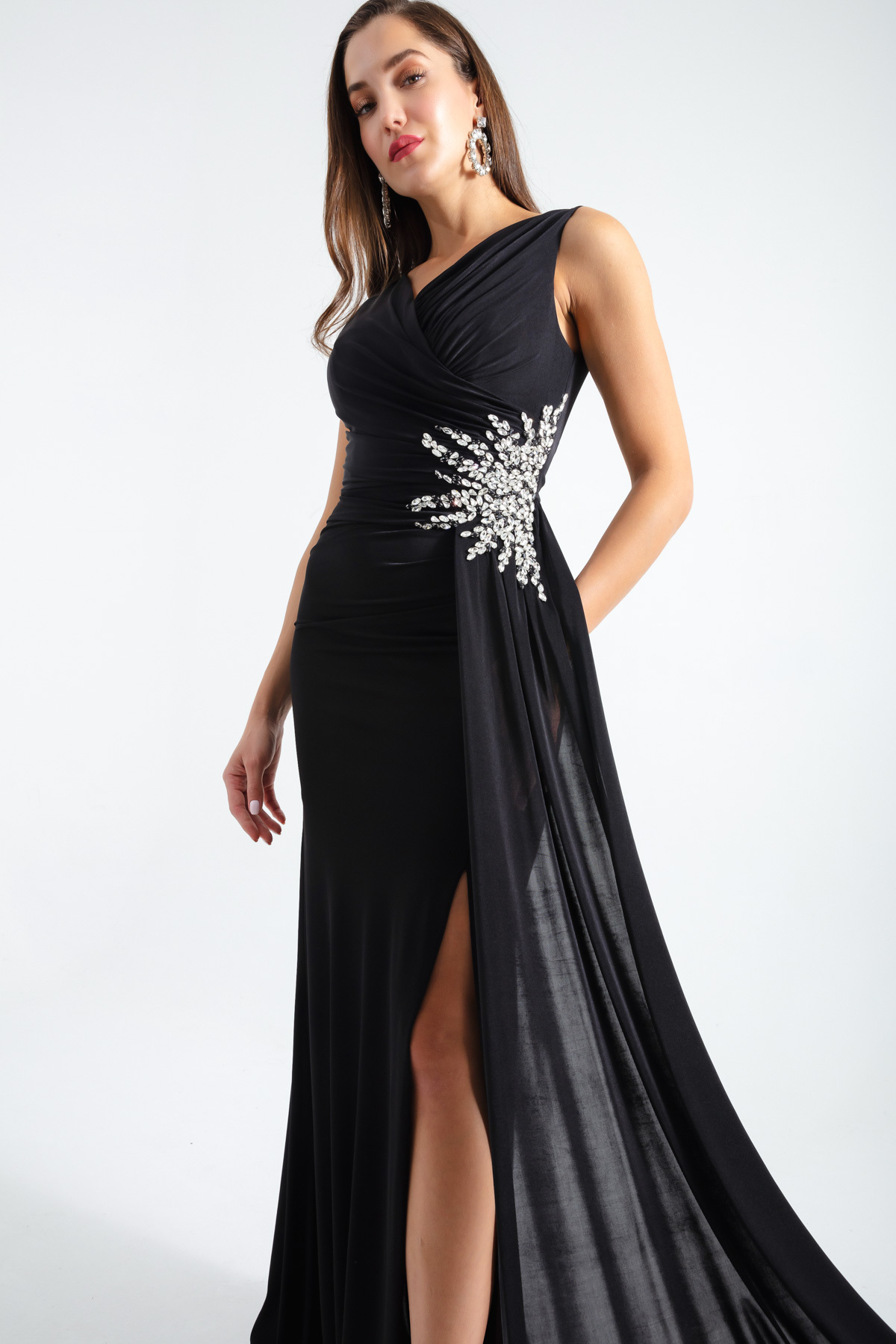 Lafaba Women's Black Double Breasted Collar Jewelled Evening Dress ...