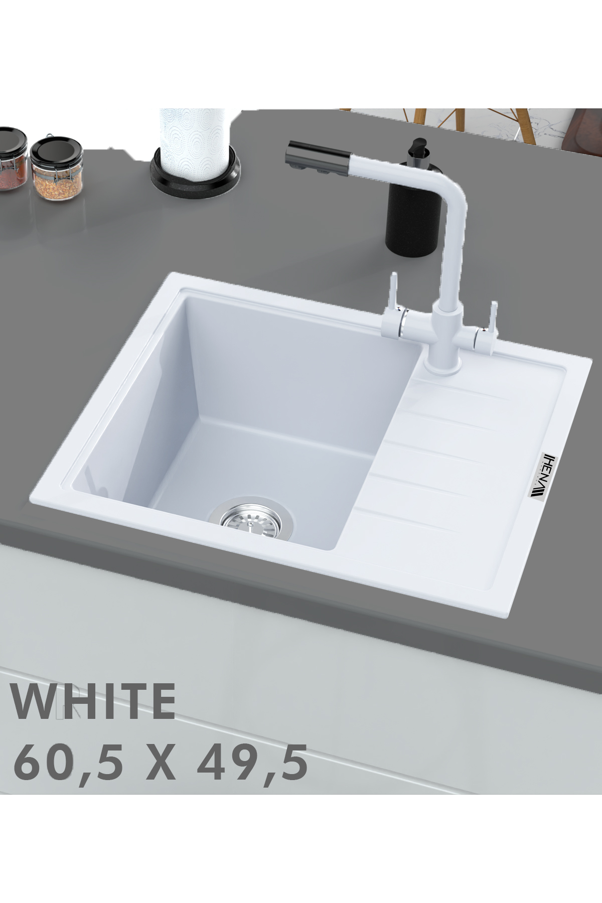 HENASURFACE Granit Eviye 1 Gözlü Damlalıklı Beyaz 60x50 Granit Evye ...