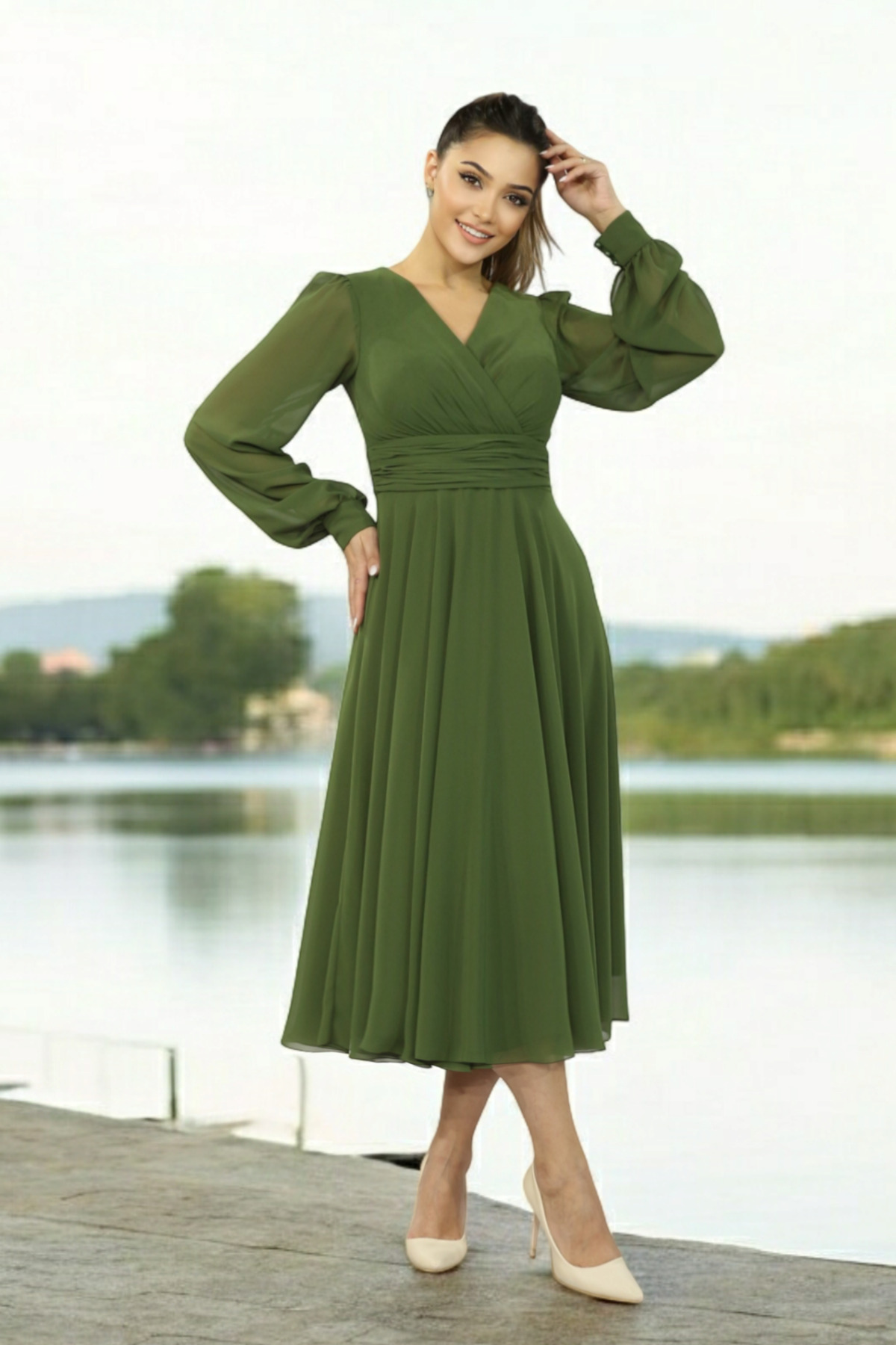 FaBe Fashion Uzun Kollu Sırtı Kapalı Kruvaze Yaka Midi Şifon Elbise ...