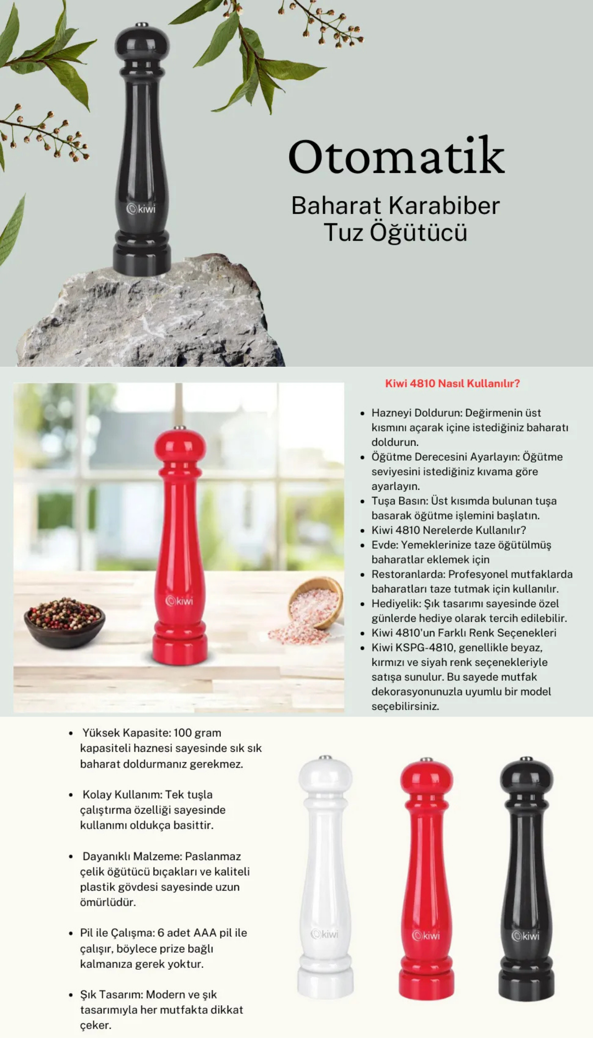 Kiwi Pilli Seramik Otomatik Ayarlanabilir Tuz Karabiber Değirmeni Kuru Baharat Öğütücü ...