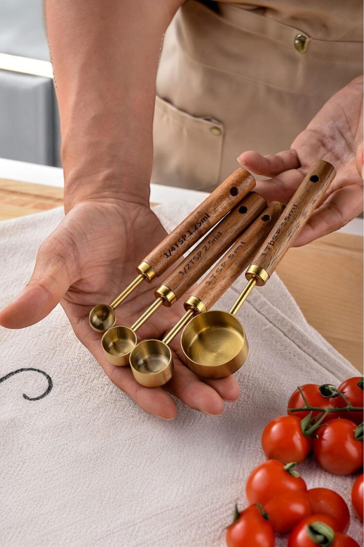 Sezka Life Altın Kaplama Paslanmaz Çelik Ölçü Kaşıkları, Akasya Ağacı ...