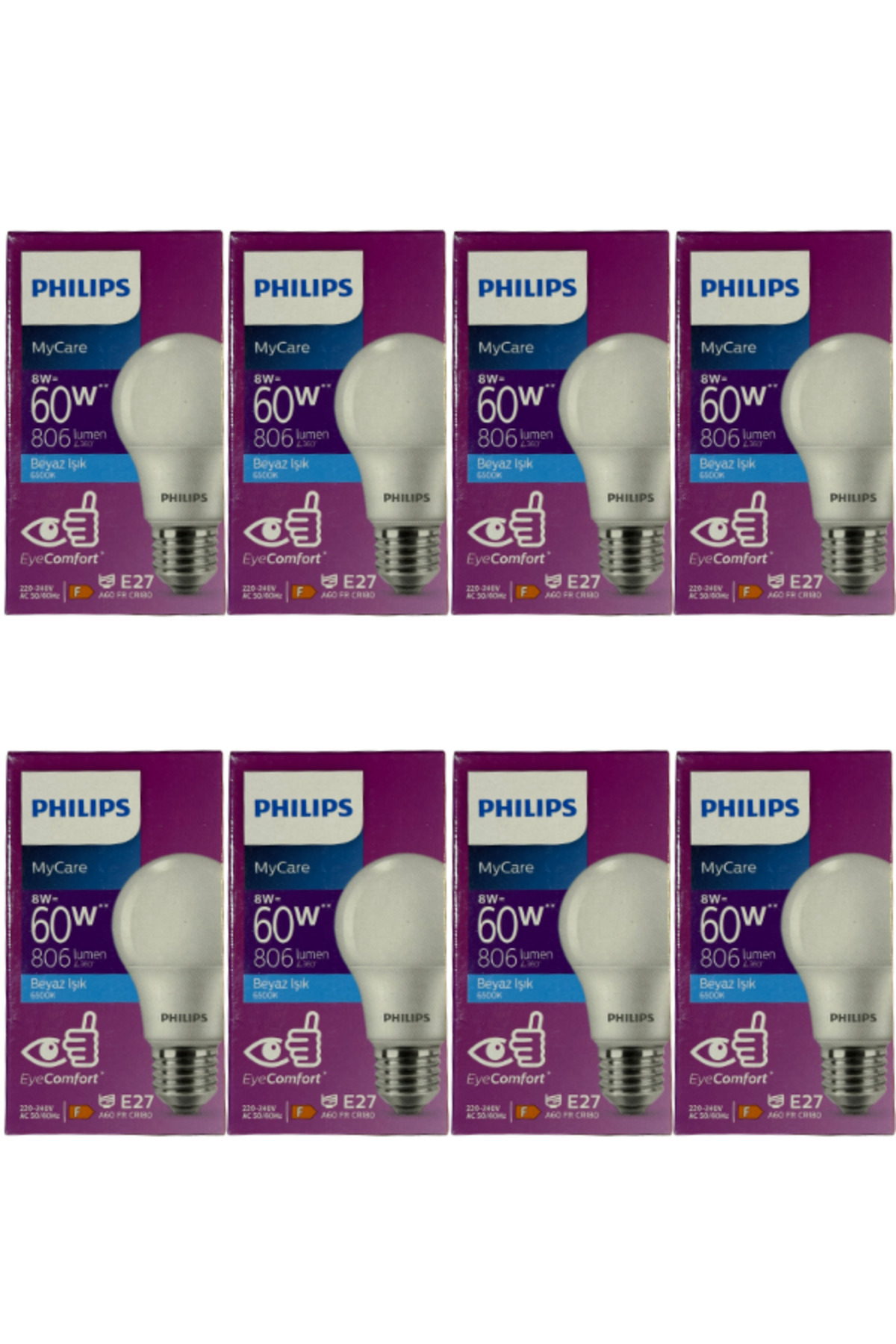Philips 8W (60W) 6500K (Beyaz Işık) E27 Duylu Klasik Led Ampul (8 Adet ...