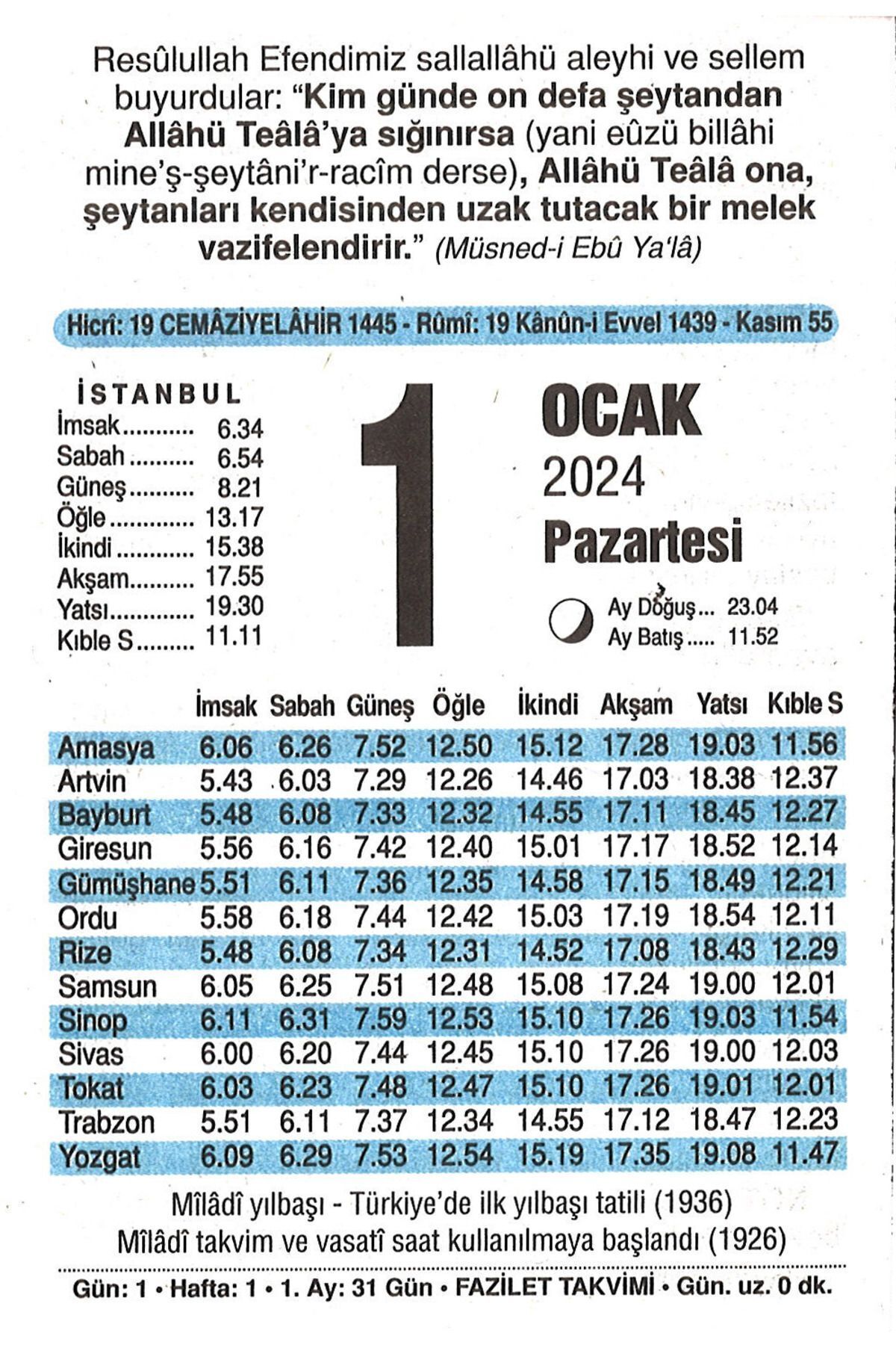 Elif Kitabevi 5. Bölge 2024 Yılı Fazilet Takvimi Yapraklı Namaz Vakitli ...