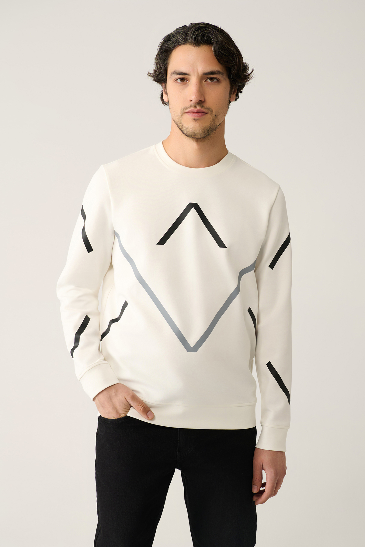 Avva Erkek Beyaz Bisiklet Yaka Baskılı Interlok Sweatshirt A41y1119 ...