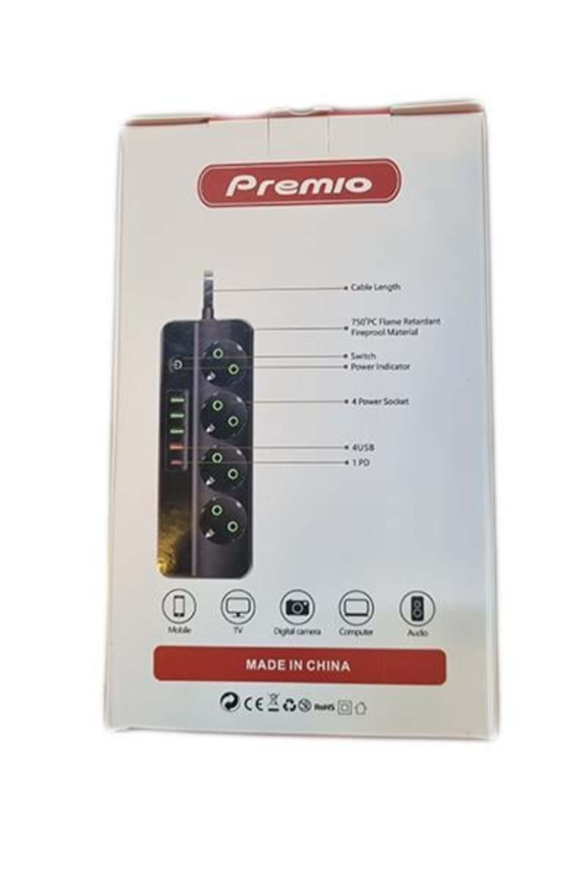 Premio 3 lü Temassız 4 USB' Li 1 TYP-C Girişli Grup Priz Siyah Renk 2 ...